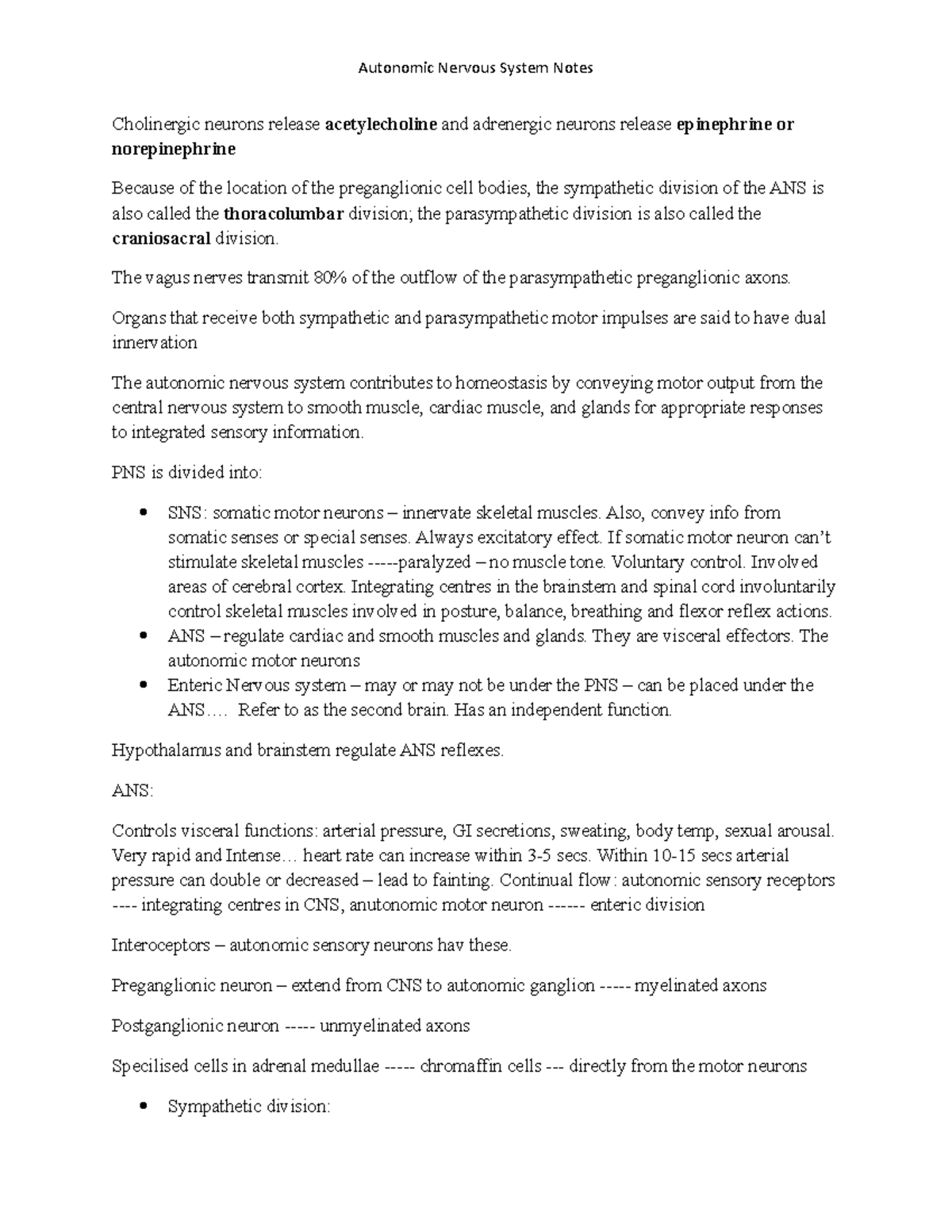 Autonomic Nervous System Notes - Autonomic Nervous System Notes ...