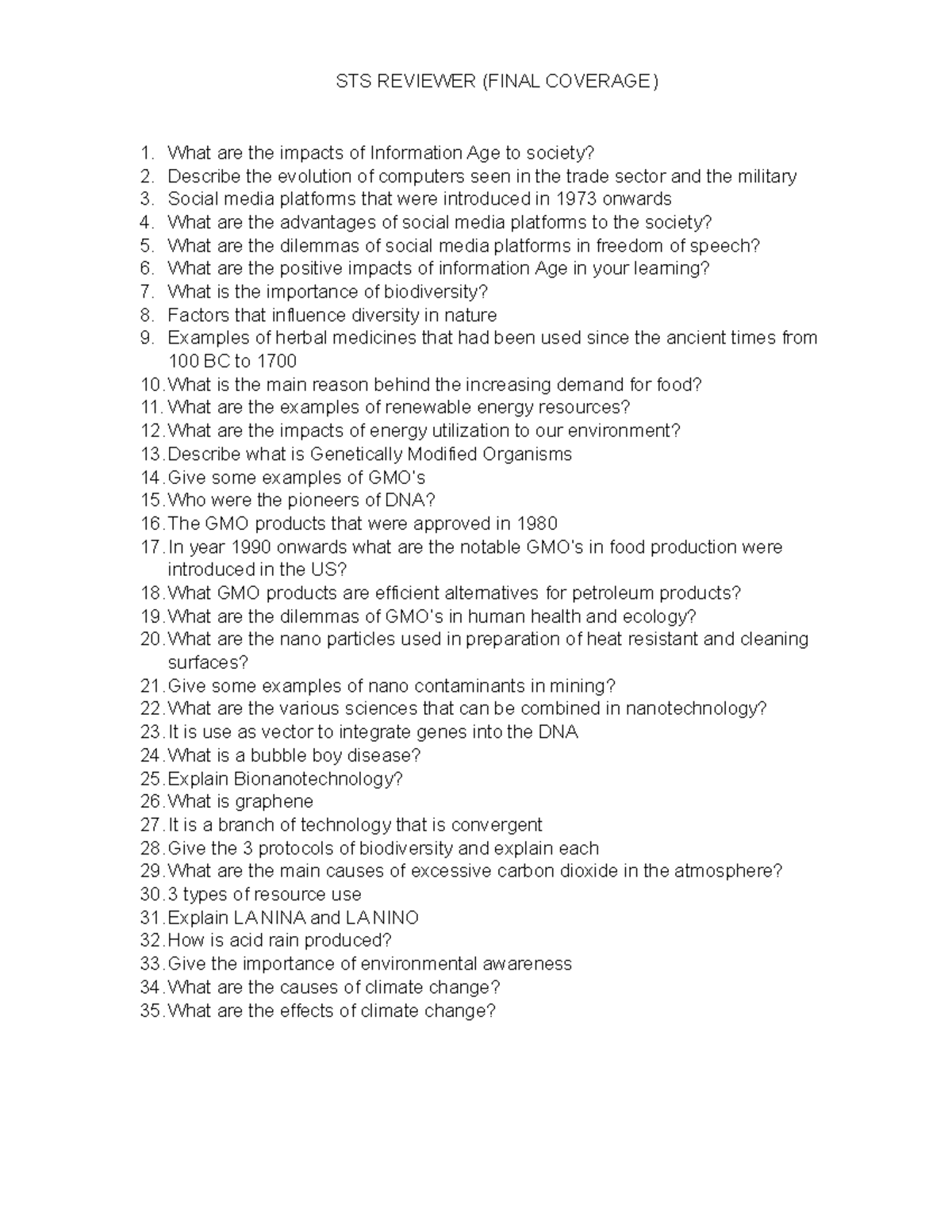 STS- Reviewer - STS REVIEWER (FINAL COVERAGE) What are the impacts of ...