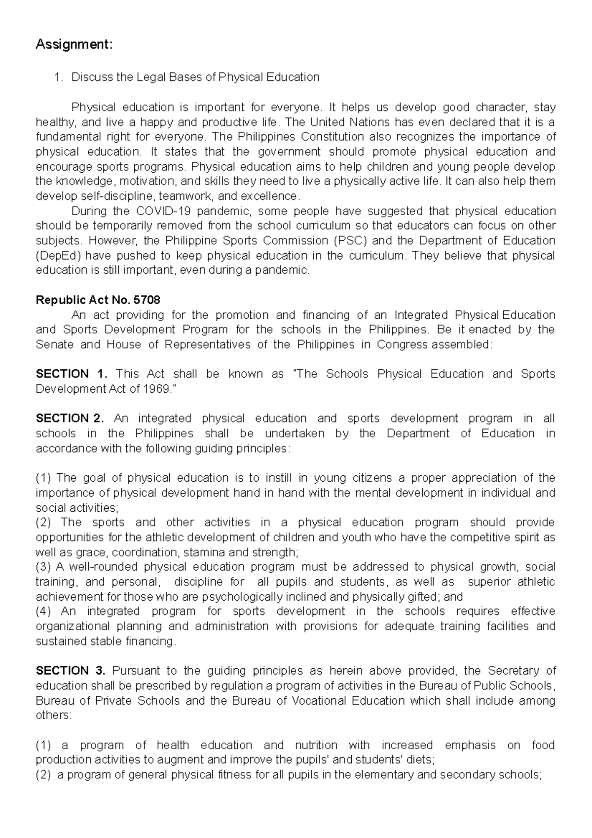 Pathfit - Assignment - Assignment: Discuss the Legal Bases of Physical ...