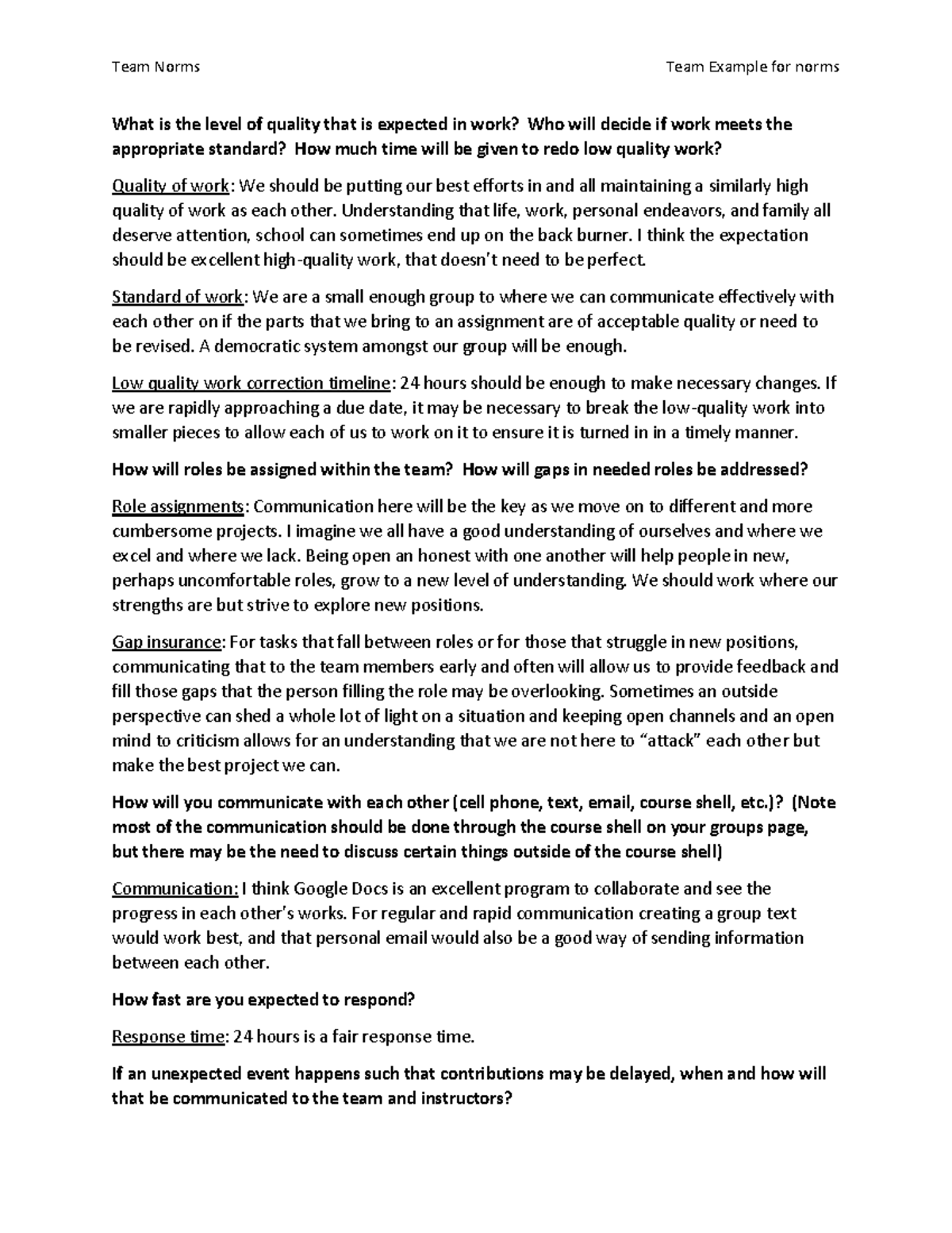 Team Norms - Group - Study Help - Team Norms Team Example for norms ...