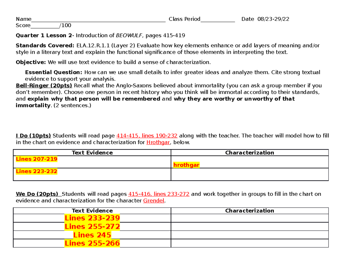Beowulf Q1L2 Worksheet - Name ...