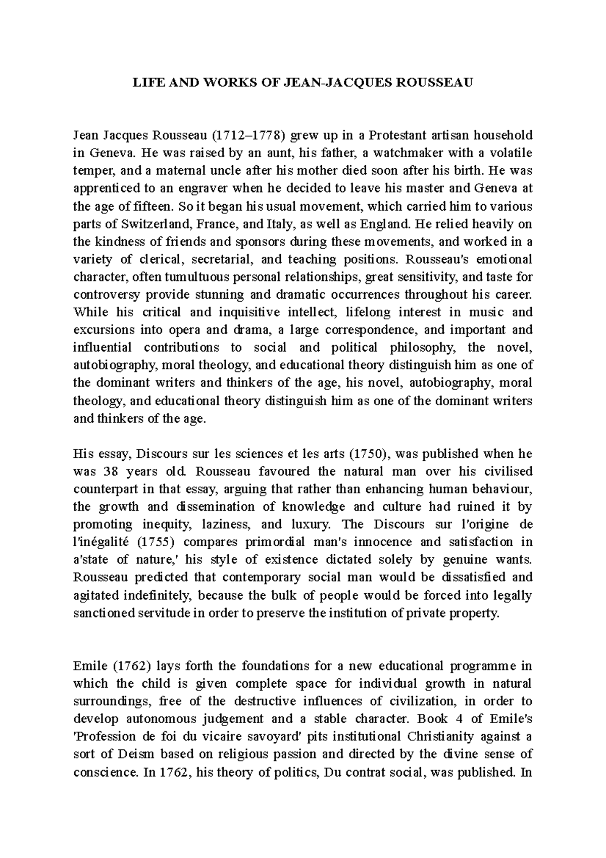 LIFE AND Works OF JEAN- Jacques Rousseau - English - Studocu