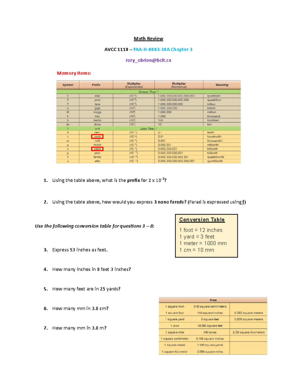 Math Review - Practice to prepare for test - Conversion Table 1 foot ...