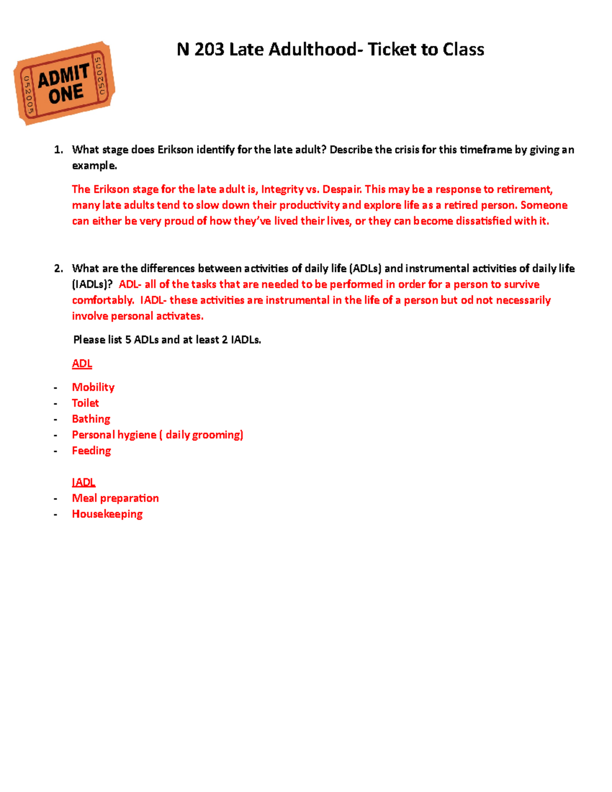 Late Adulthood Ticket to Class - N 203 Late Ticket to Class 1. What ...