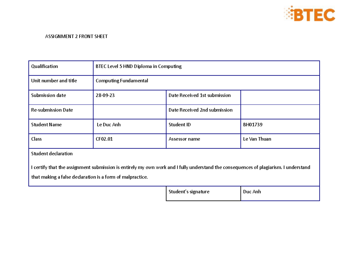 Assignment 2 frontsheet - ASSIGNMENT 2 FRONT SHEET Qualification BTEC ...