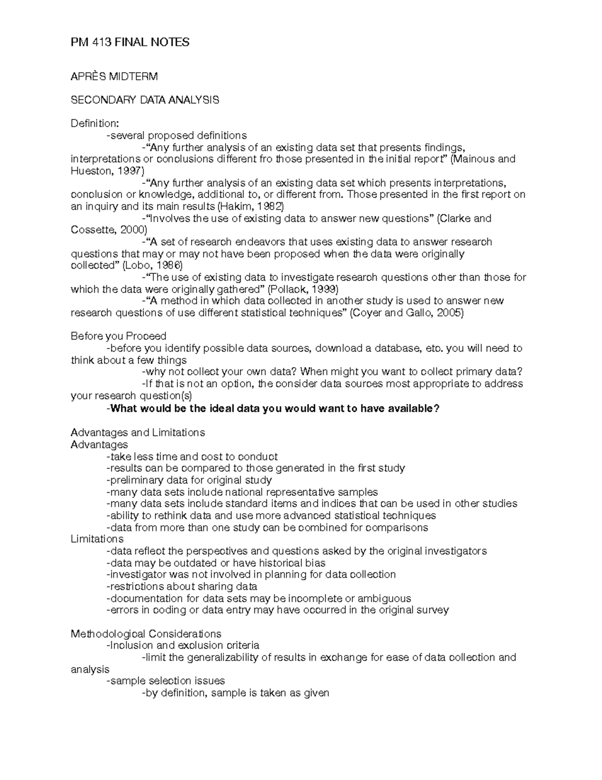 PM 413 Notes - APRÈS MIDTERM SECONDARY DATA ANALYSIS Definition ...