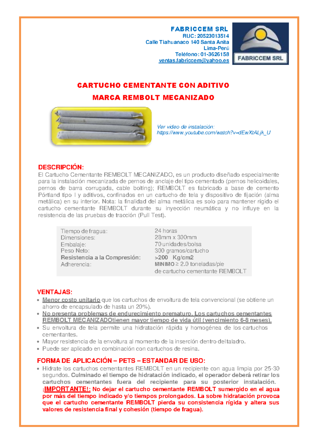 Cartucho Cementante Rembolt Mecanizado.Fich Tec (1) raura - Tiempo de ...