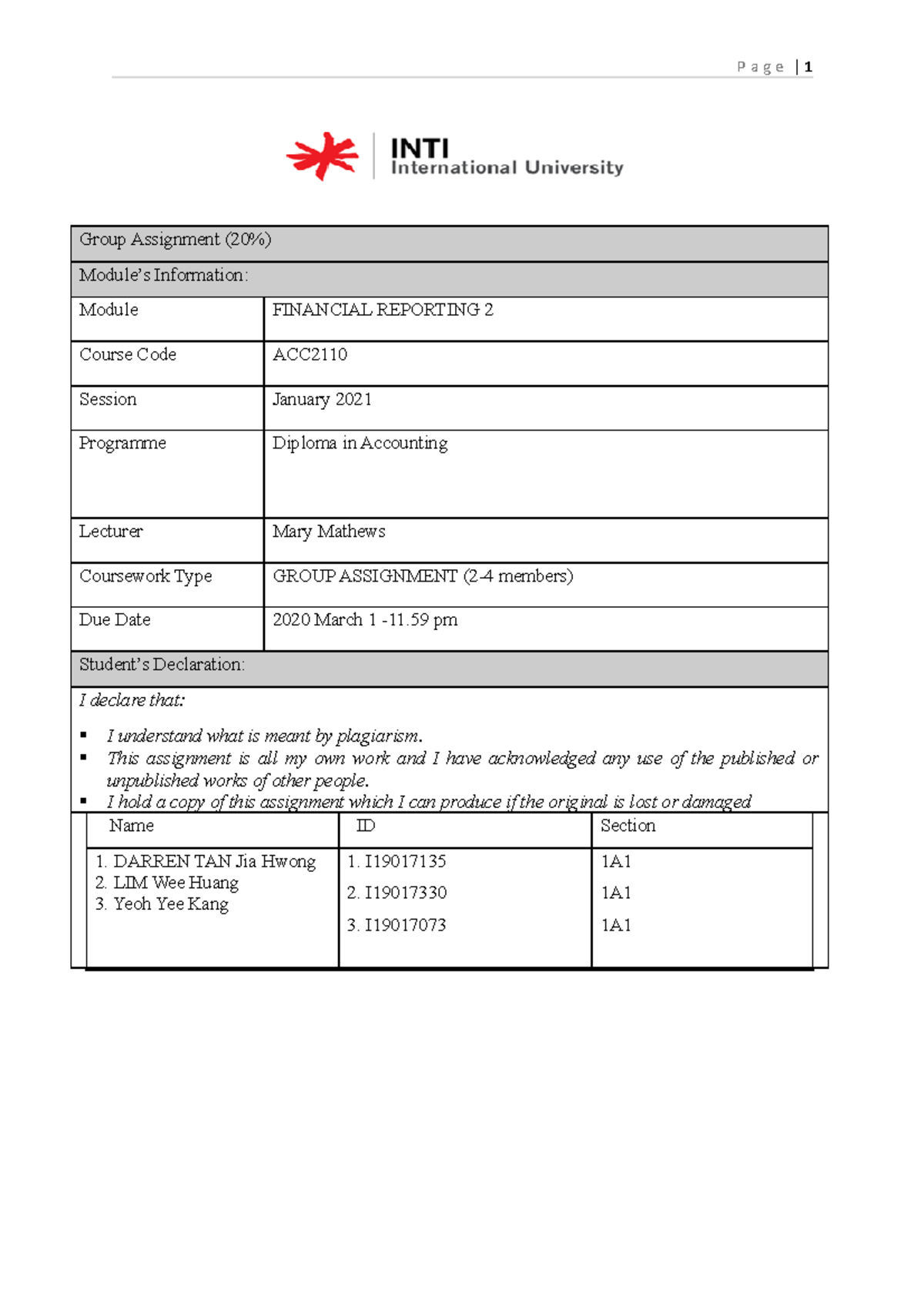 Group Assignment - GOOD - Group Assignment (20%) Module’s Information ...