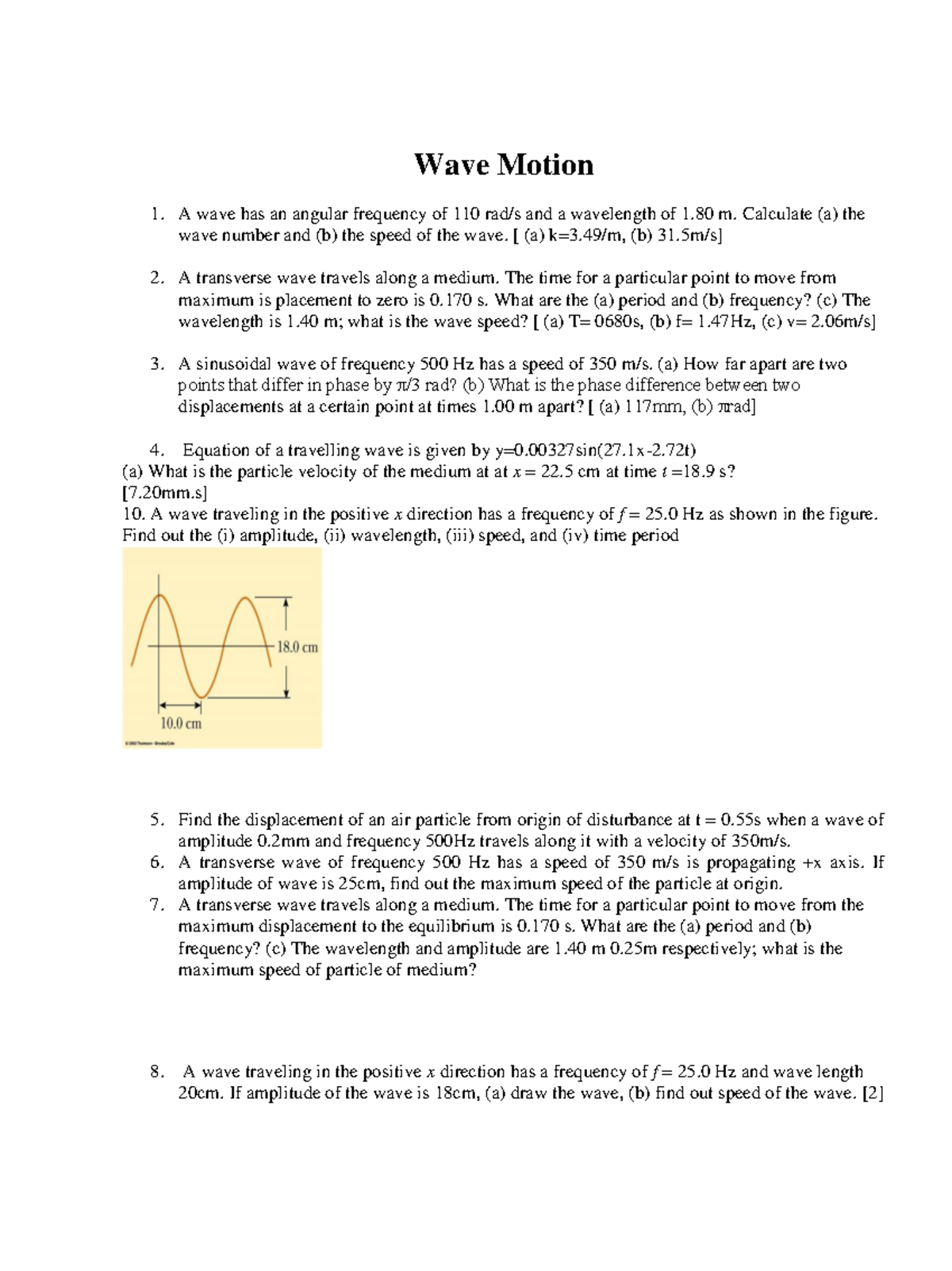 Phy Web motion practice pblm Saqline sir - Wave Motion A wave has an angular frequency of 110 ...