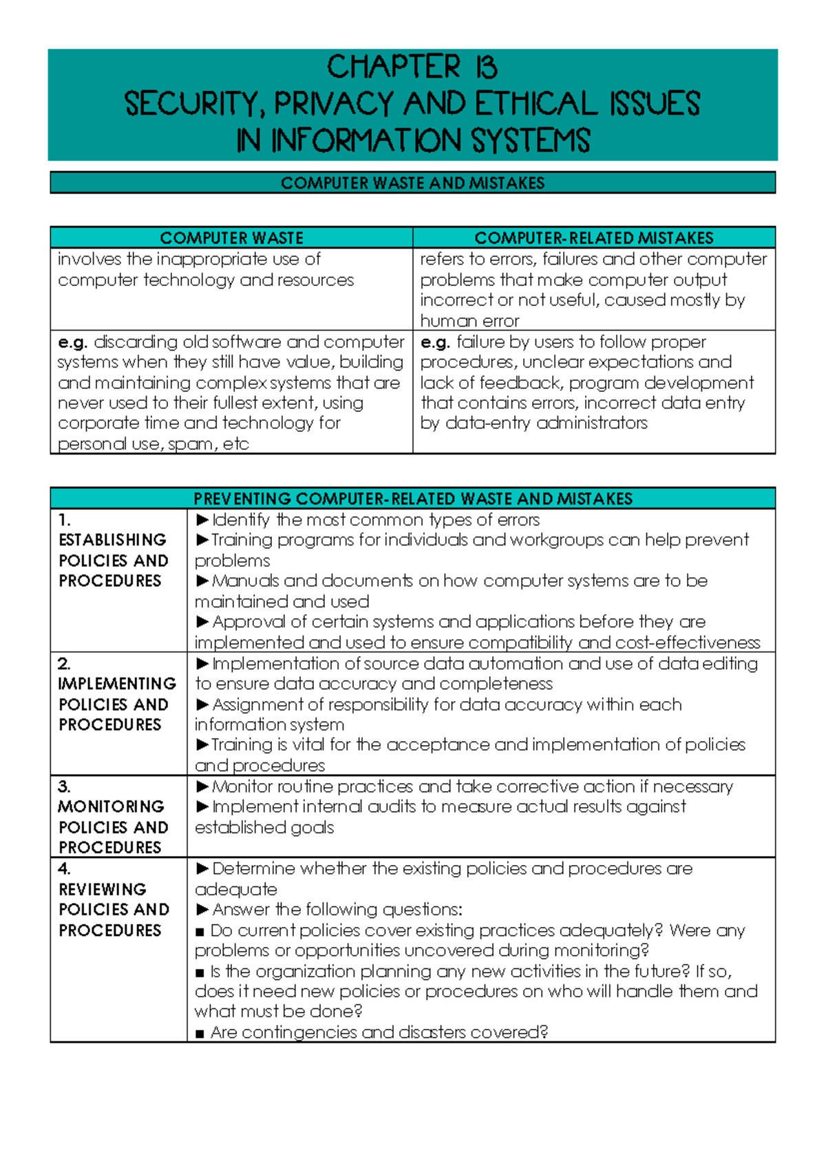Chapter 13 Security, Privacy AND Ethical Issues IN Information Systems - CHAPTER 13 SECURITY ...