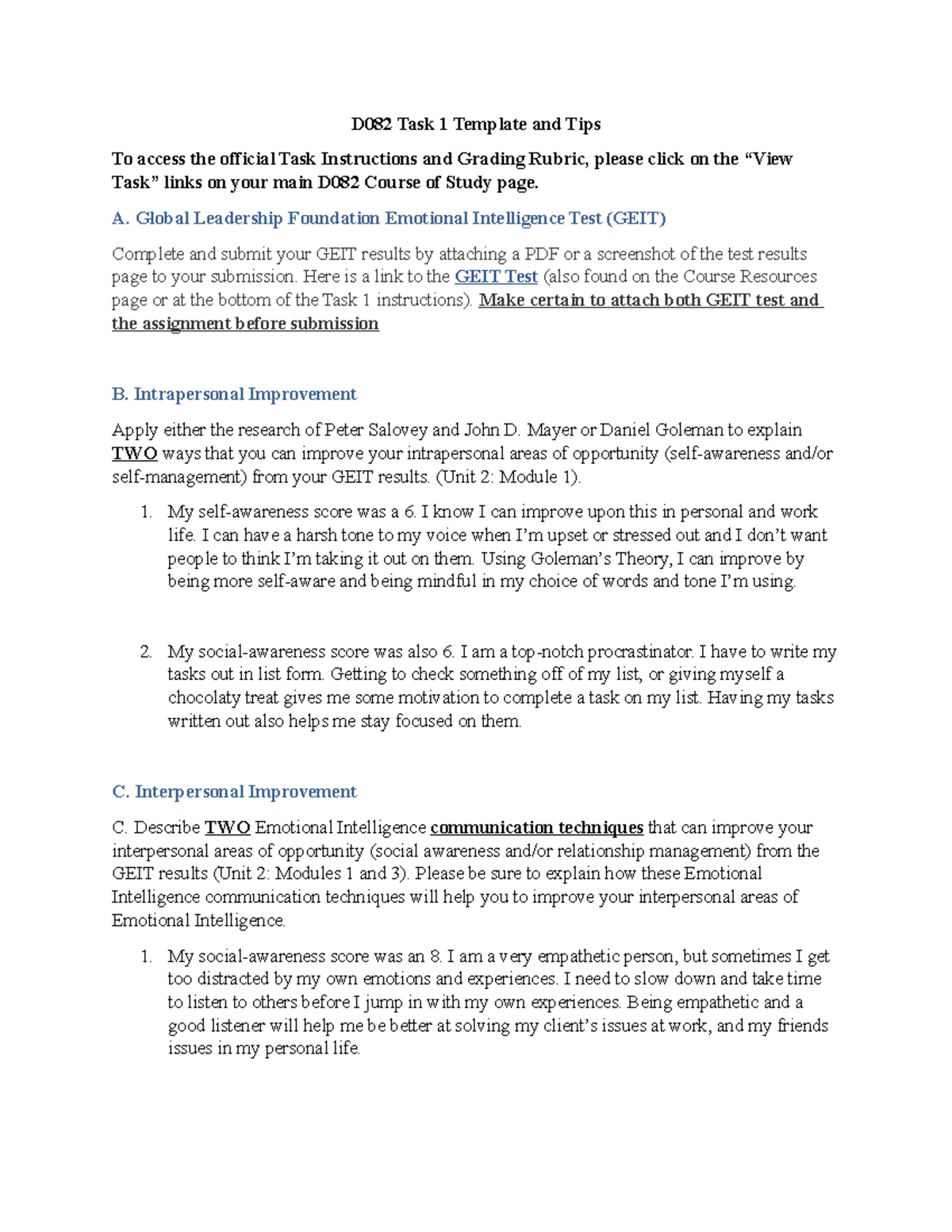 D082 Assignment 1 without GEIT results - D082 Task 1 Template and Tips To access the official ...