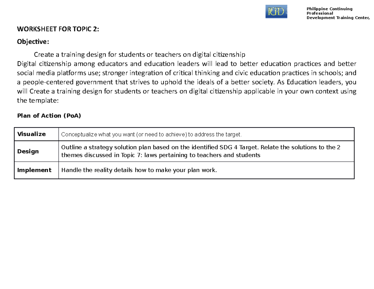 Assessment FOR Topic 2 - FOR TEACHING PURPOSES - WORKSHEET FOR TOPIC 2 ...