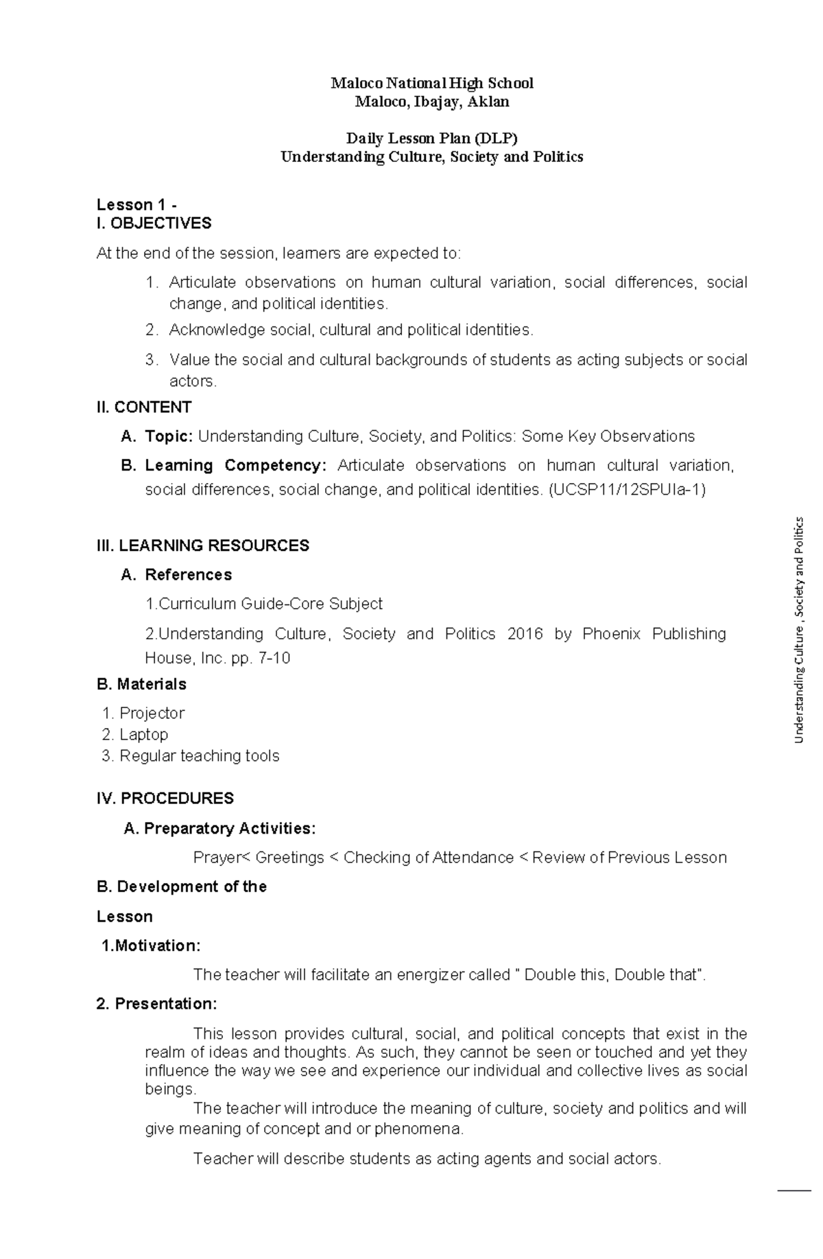 Downacademia - Sample lesson plan - Maloco National High School Maloco ...