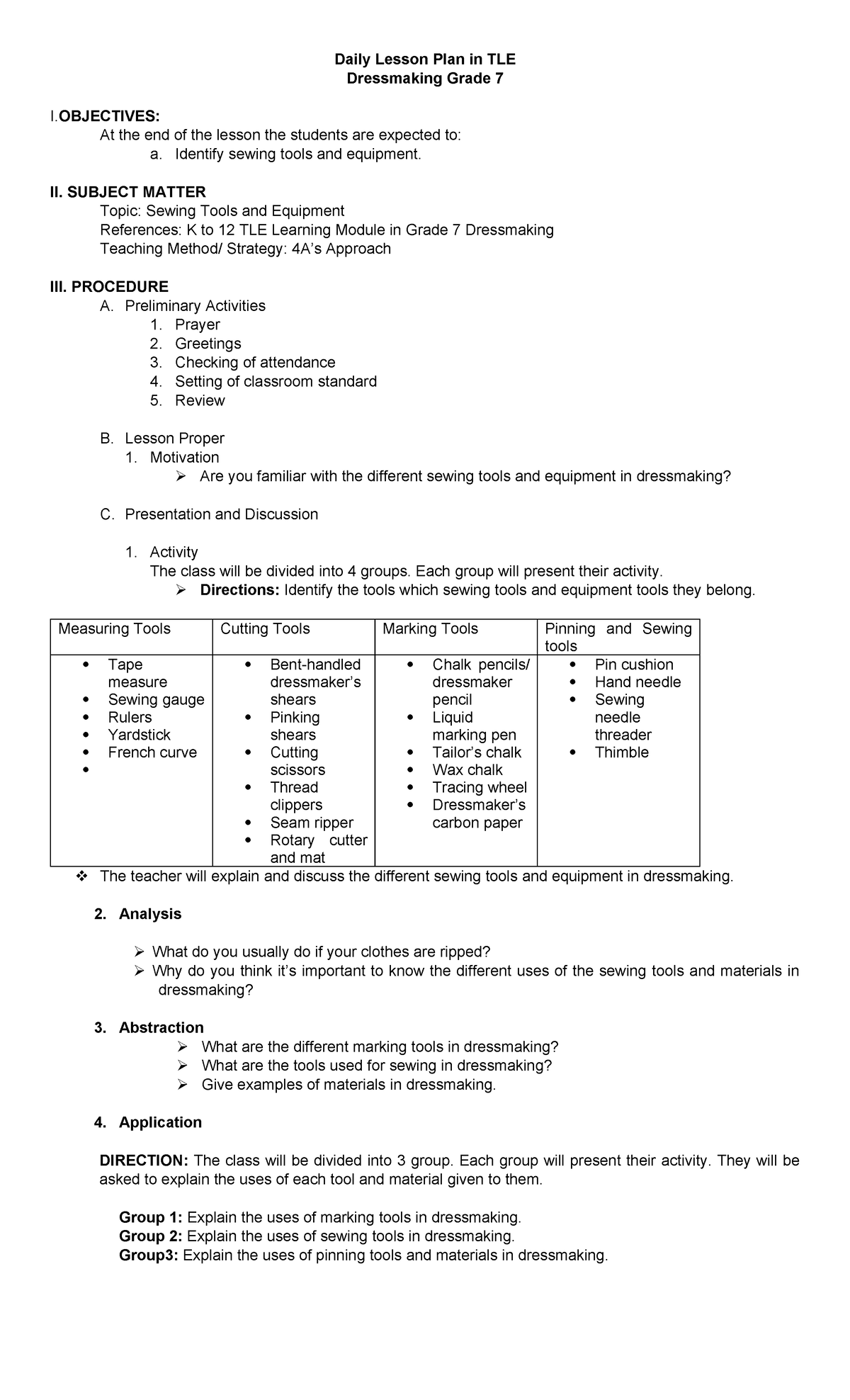 DLP in dressmaking - LESSON PLAN - Daily Lesson Plan in TLE Dressmaking ...