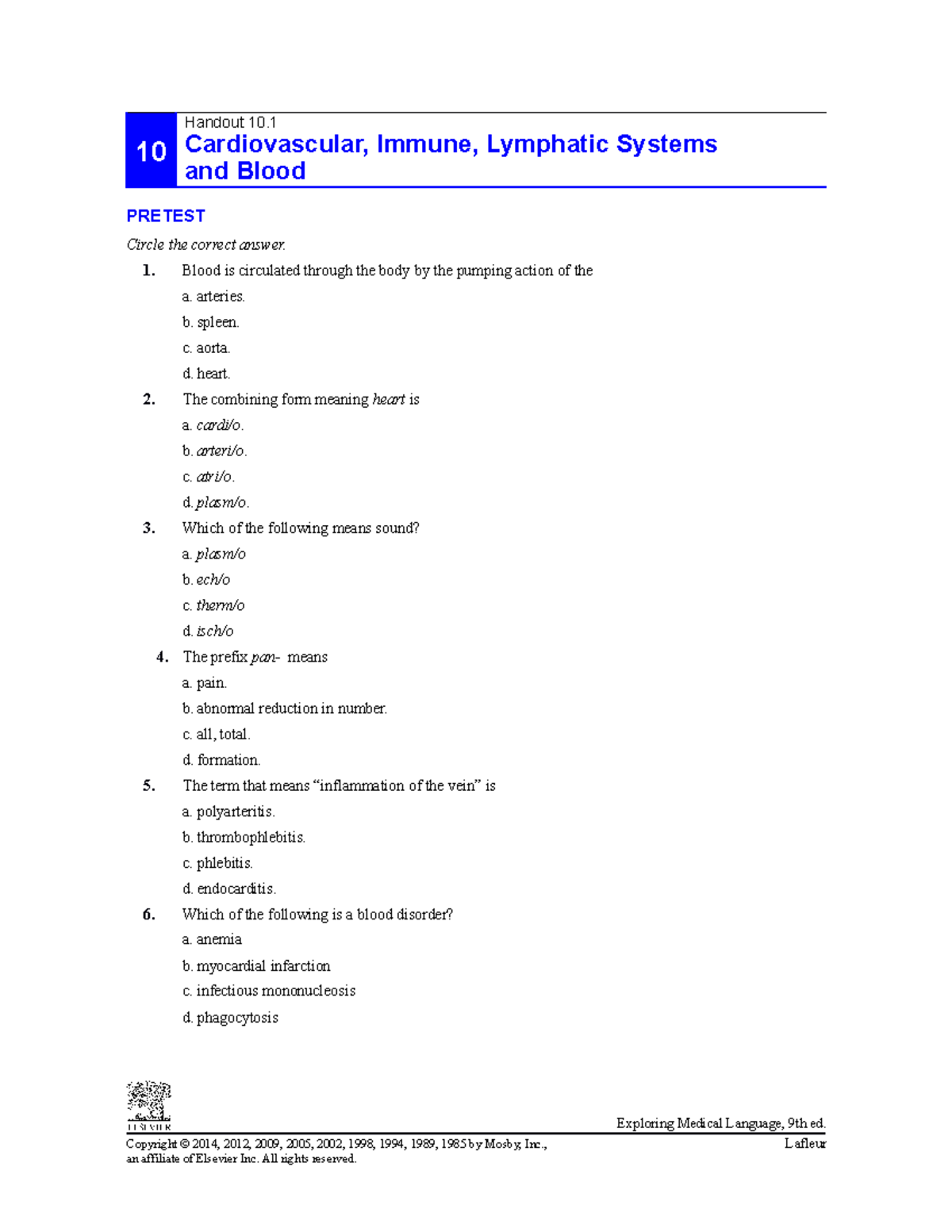 Med Term Ch 10 Test Yourself - 10 Handout 10. Cardiovascular, Immune ...