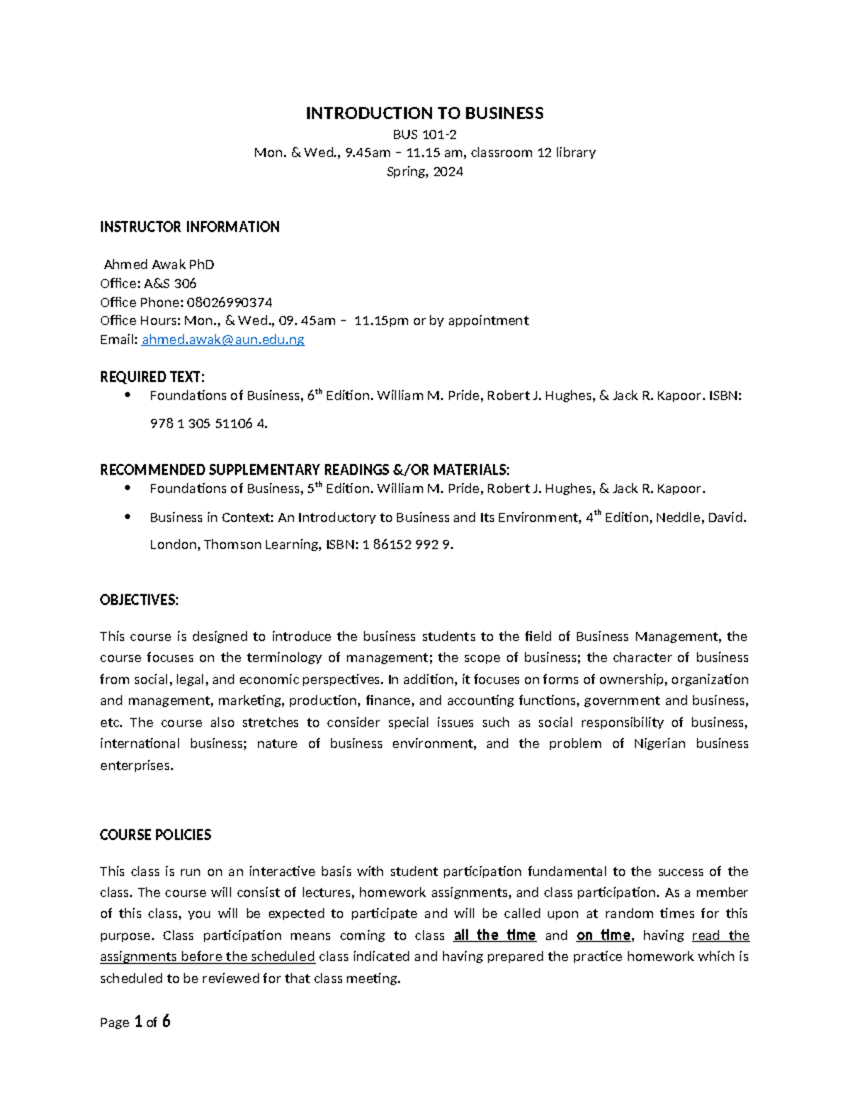 BUS 101 - Syllabus - Spring 2024 - INTRODUCTION TO BUSINESS BUS 101 ...