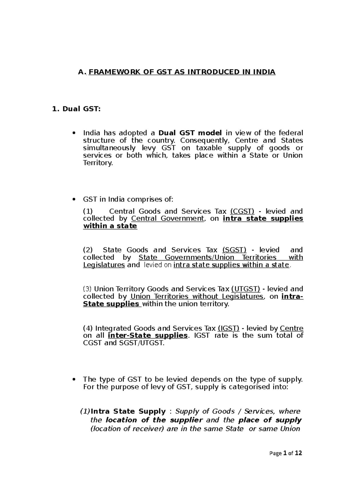 Bcom Hon GST Notes Part 2 A FRAMEWORK OF GST AS INTRODUCED IN INDIA