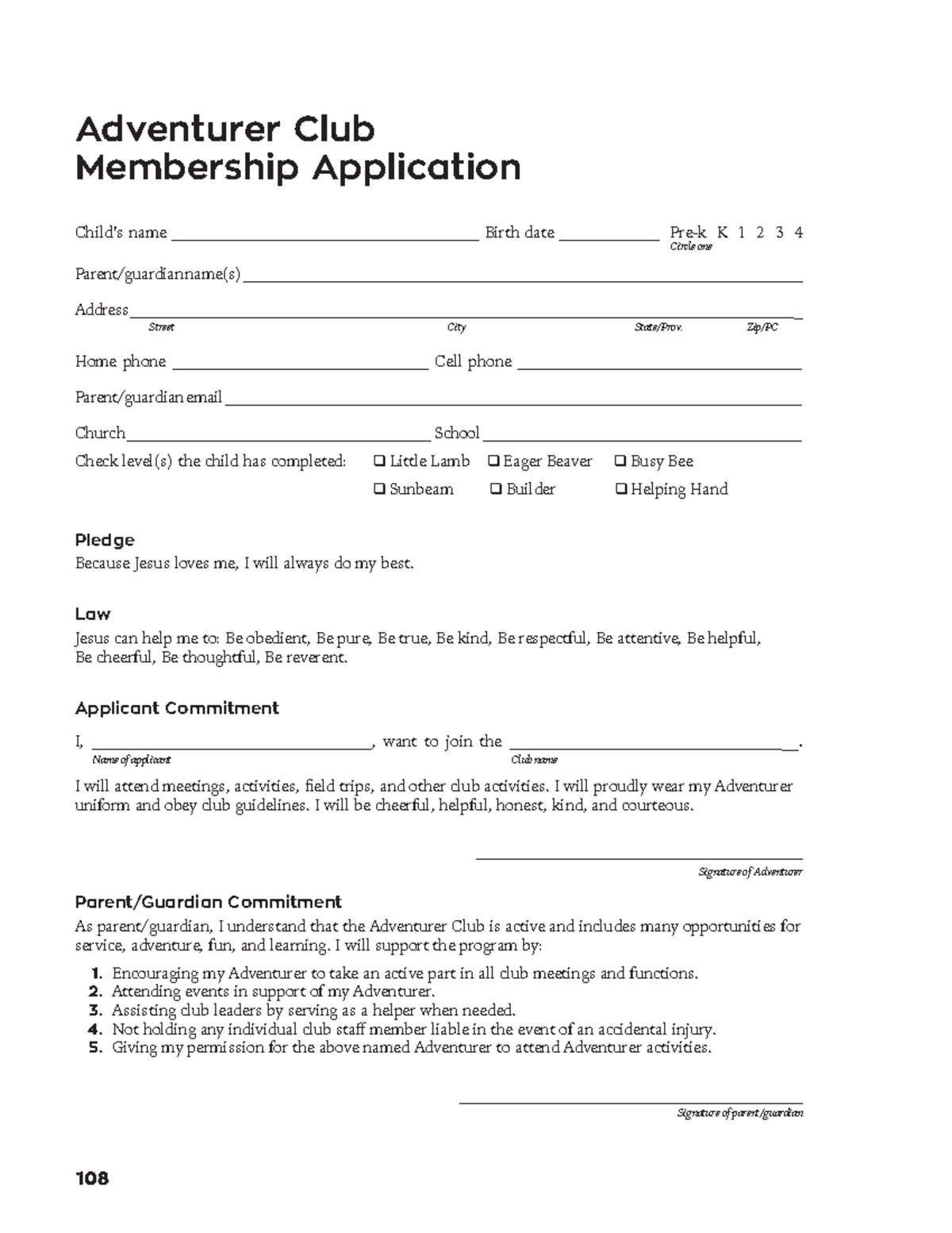 Adventurer Club Membership Application - 108 Child’s name