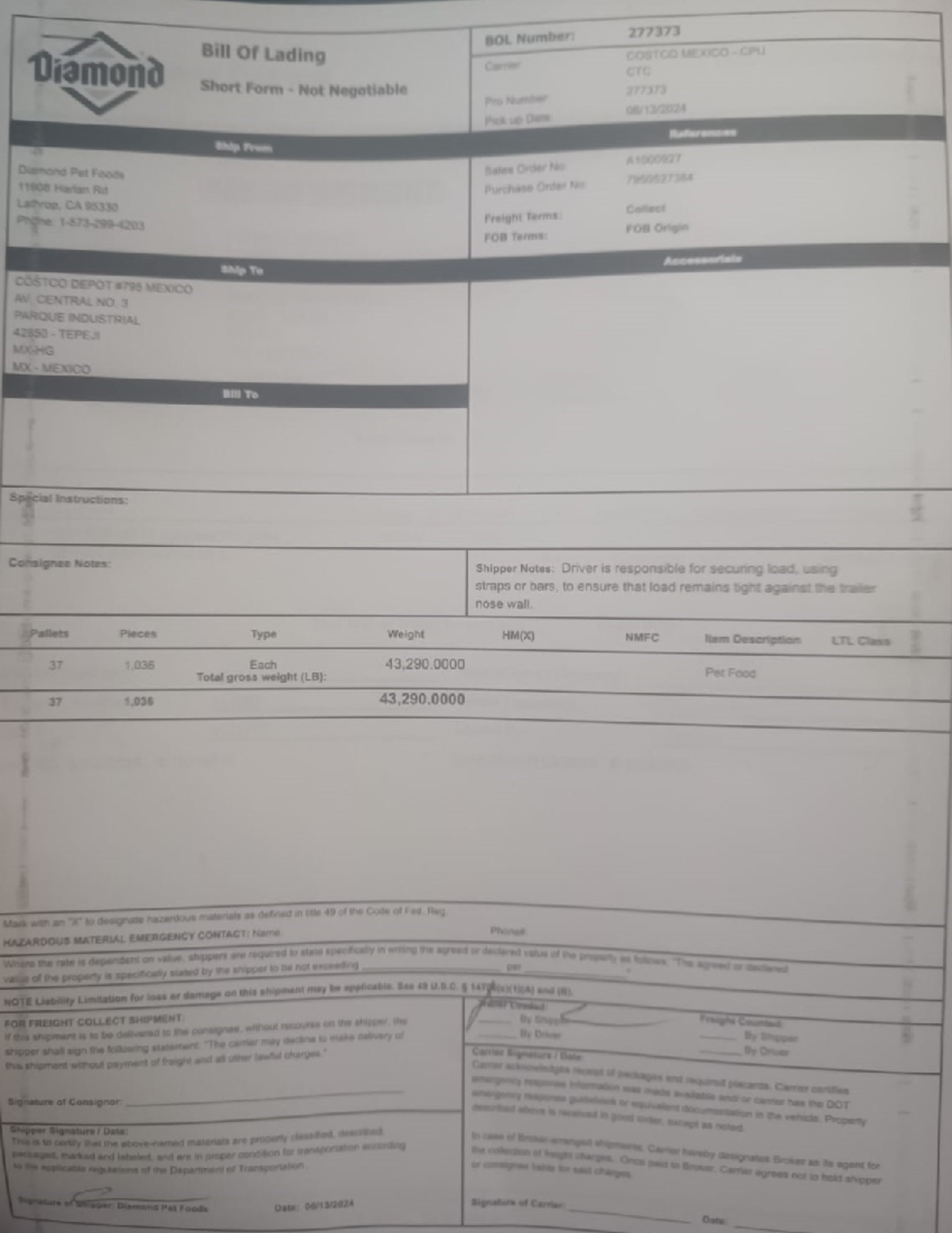 7950527384 - 4tg4tggg4g - BOL Number: 277373 Diamond Bill Of Lading ...