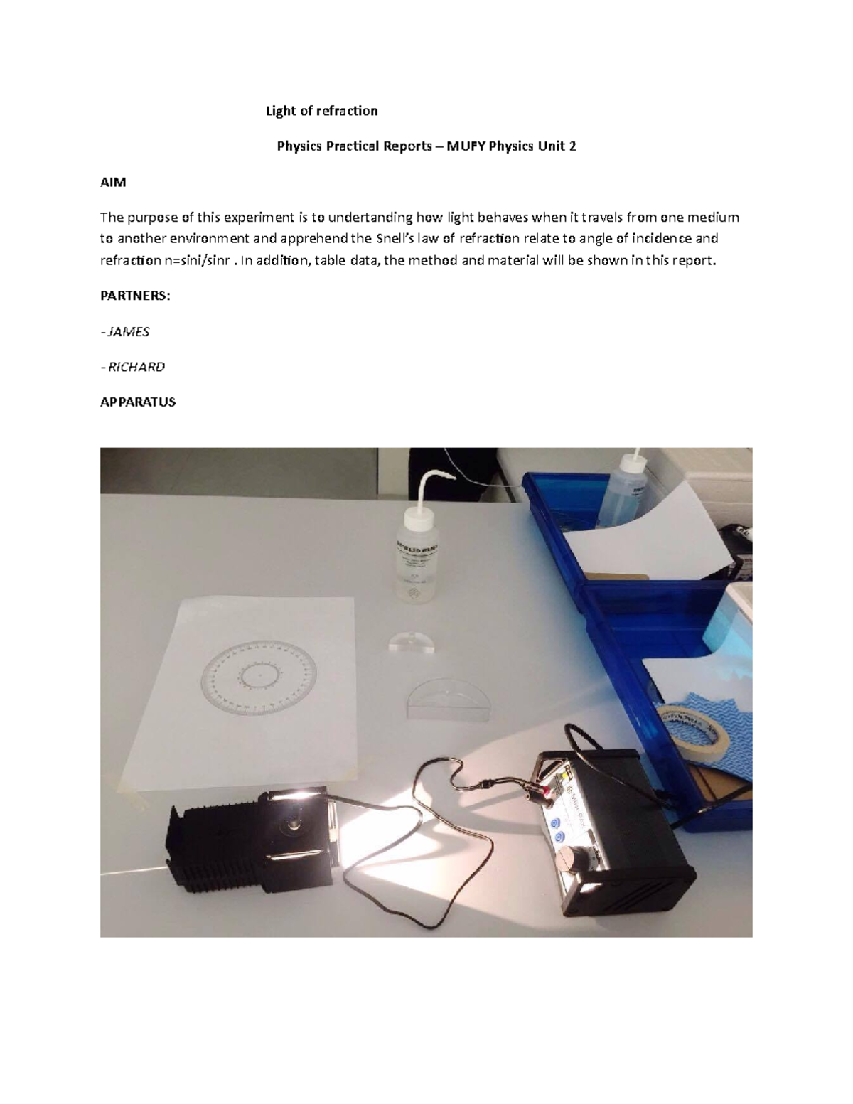 Report 1 - 1st - Light of refraction Physics Practical Reports MUFY ...