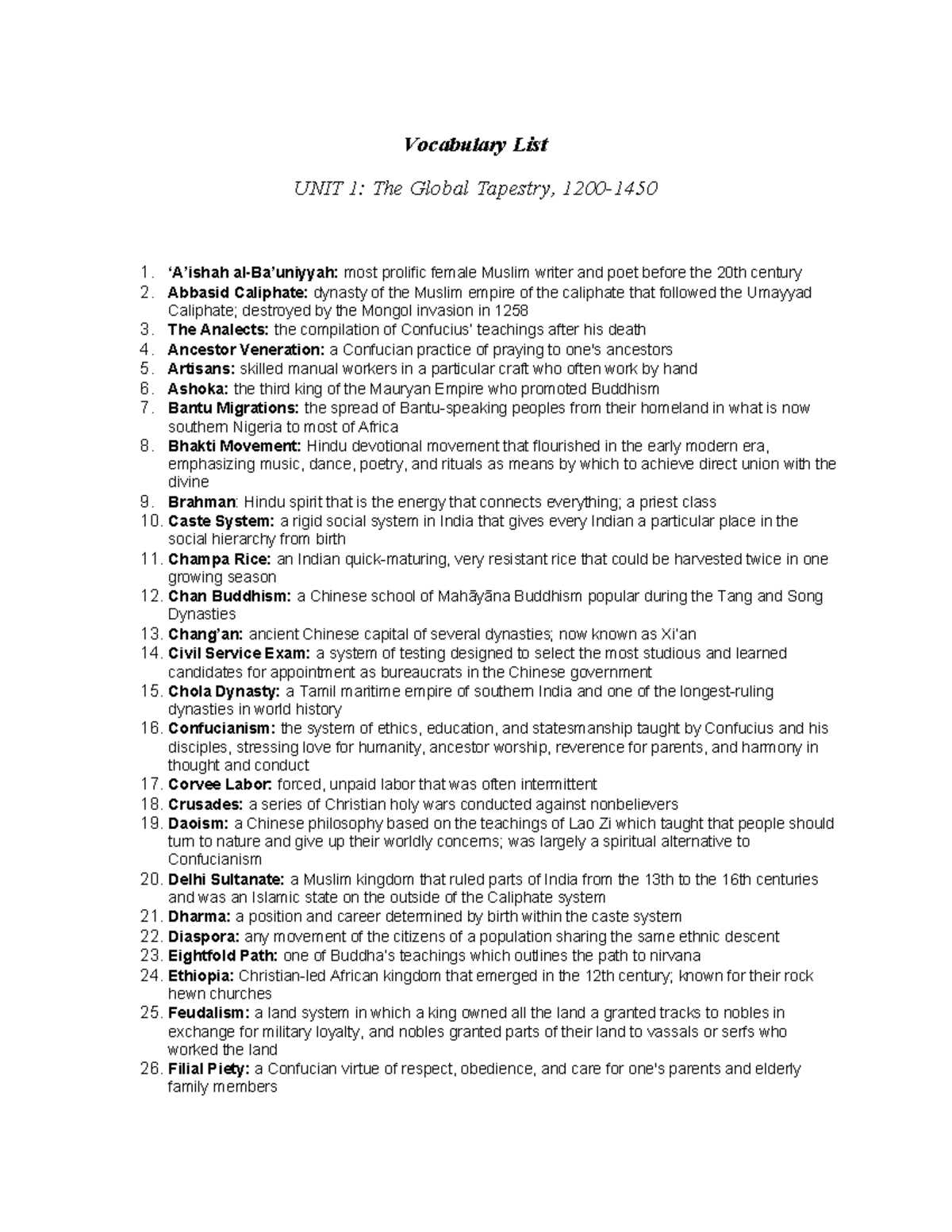 Unit 1 Vocab List -Editable - Vocabulary List UNIT 1: The Global ...
