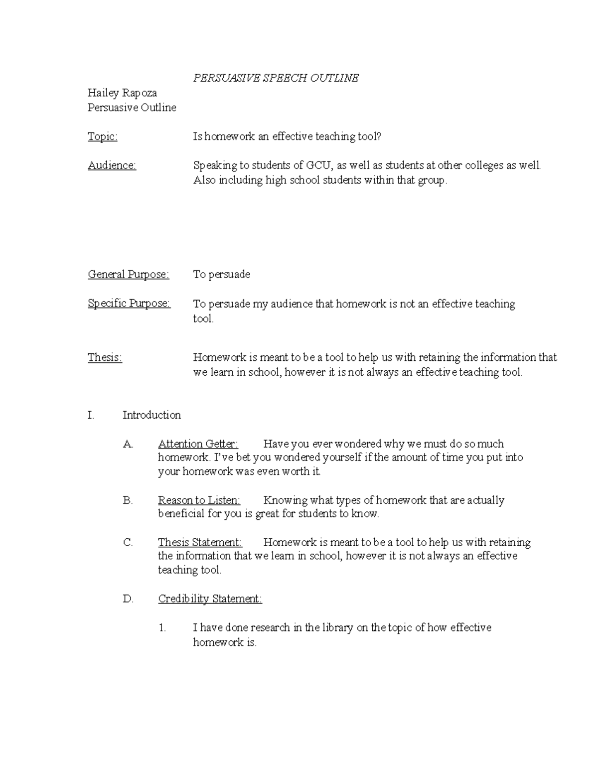 Persuasive Speech Outline - Hailey Rapoza Persuasive Outline PERSUASIVE ...