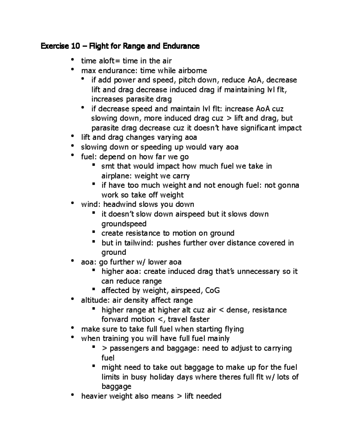 Exercise 10 – Flight for Range and Endurance - Exercise 10 – Flight for ...