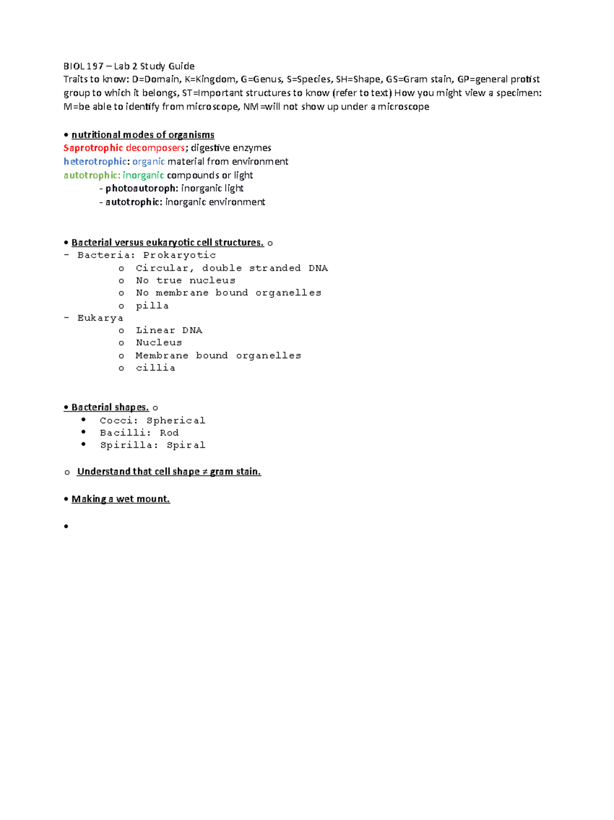 Lab 2 Study Guide - BIOL 197 Lab 2 Study Guide Traits to know: stain ...