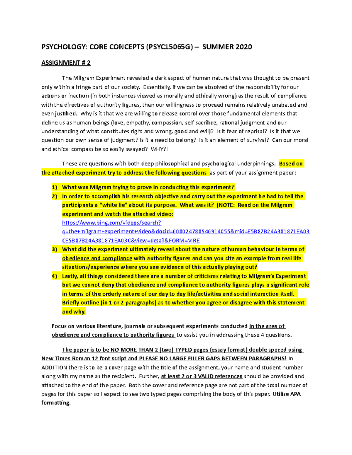 Milgram Experiment - Assignment Outline and Requirements - Summer 2020 ...