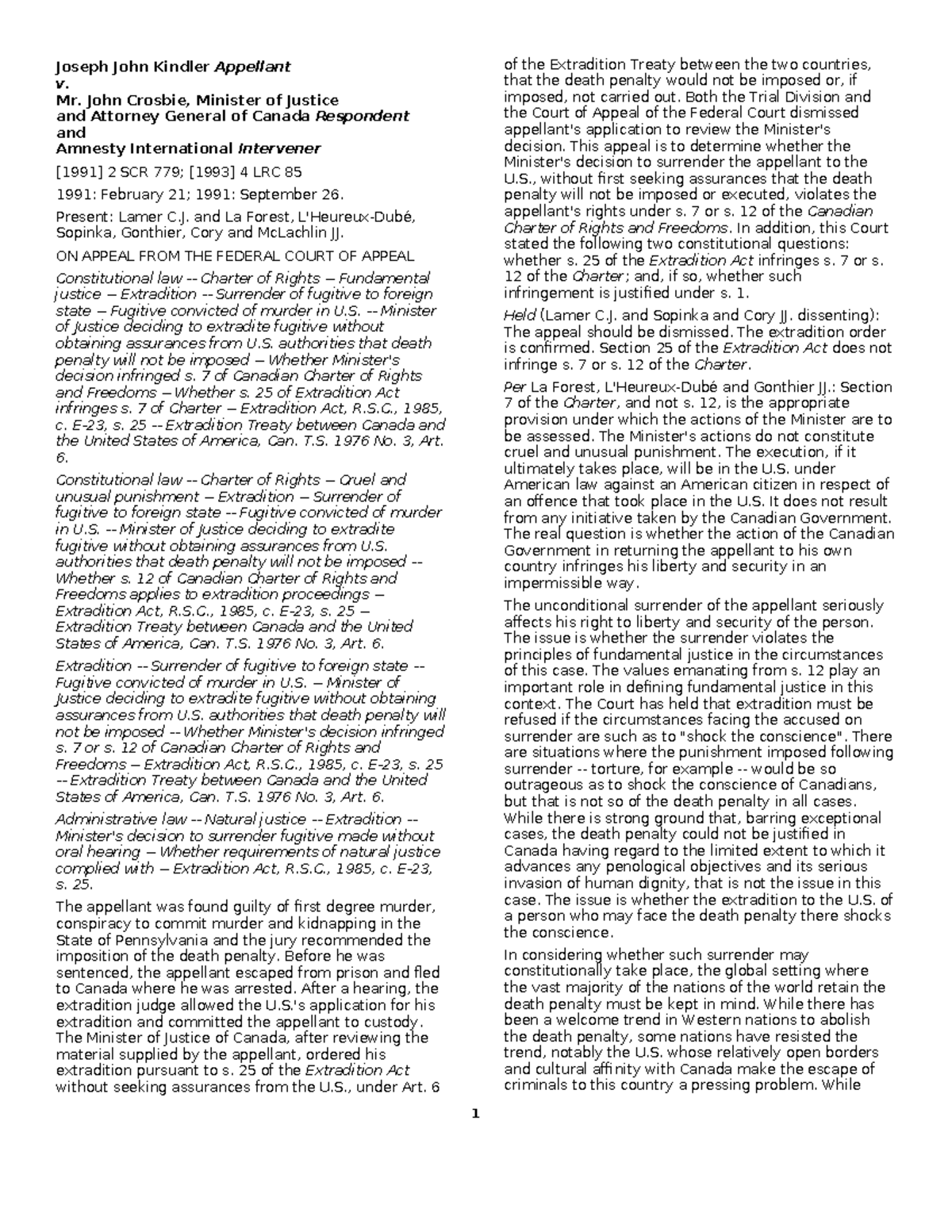 Hrdp-Joseph John Kindlerv. Minister of Justice (1994) - Joseph John ...