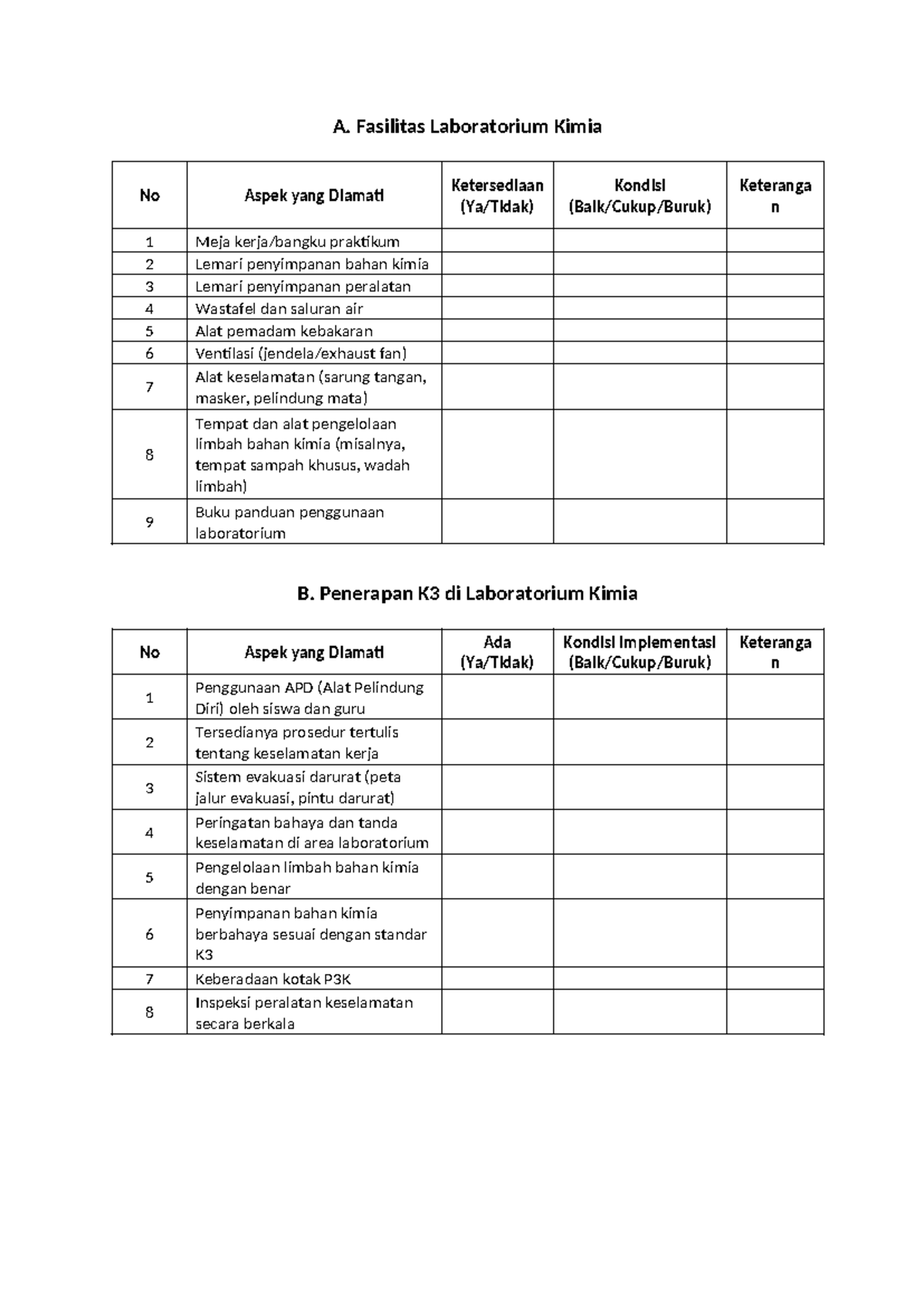 Instrumen observasi lab sekolah - A. Fasilitas Laboratorium Kimia No ...