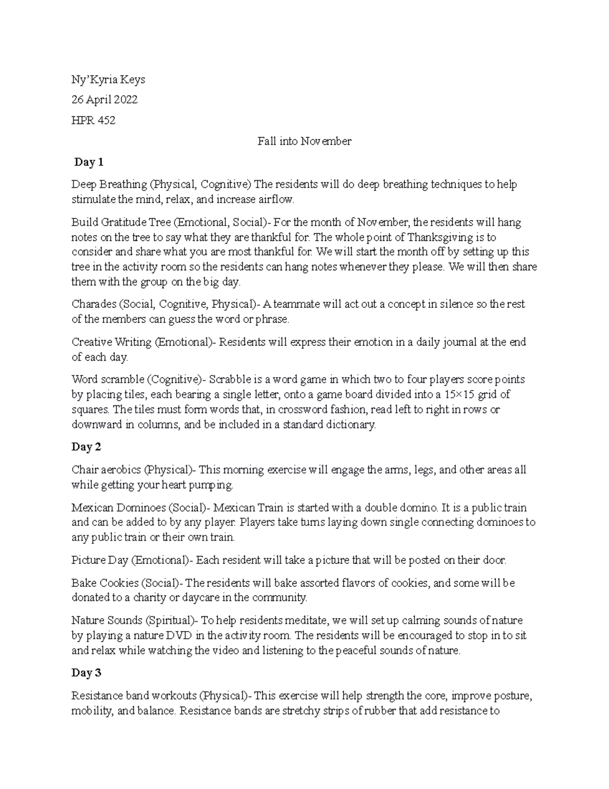 Calendar Activities Older Adults - Ny’Kyria Keys 26 April 2022 HPR 452 ...