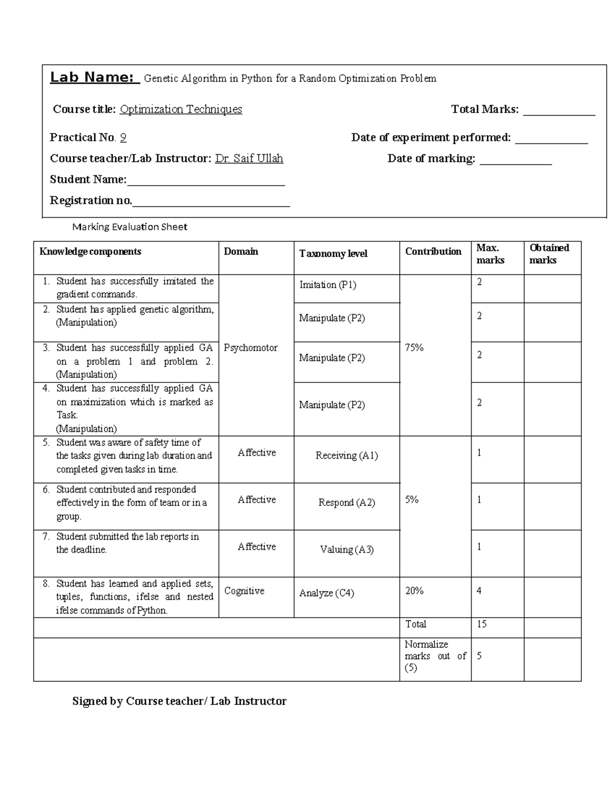 OT LAB 9 - Lab manual - Marking Evaluation Sheet ####### Knowledge components Domain Taxonomy ...