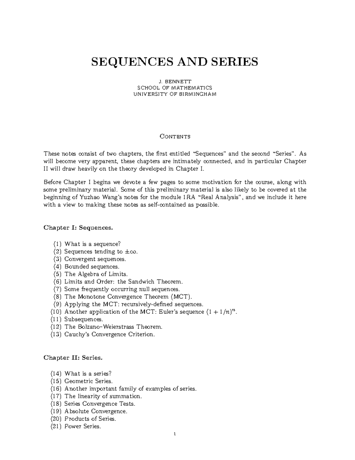 Sequences and Series Lecture Notes - SEQUENCES AND SERIES J. BENNETT ...
