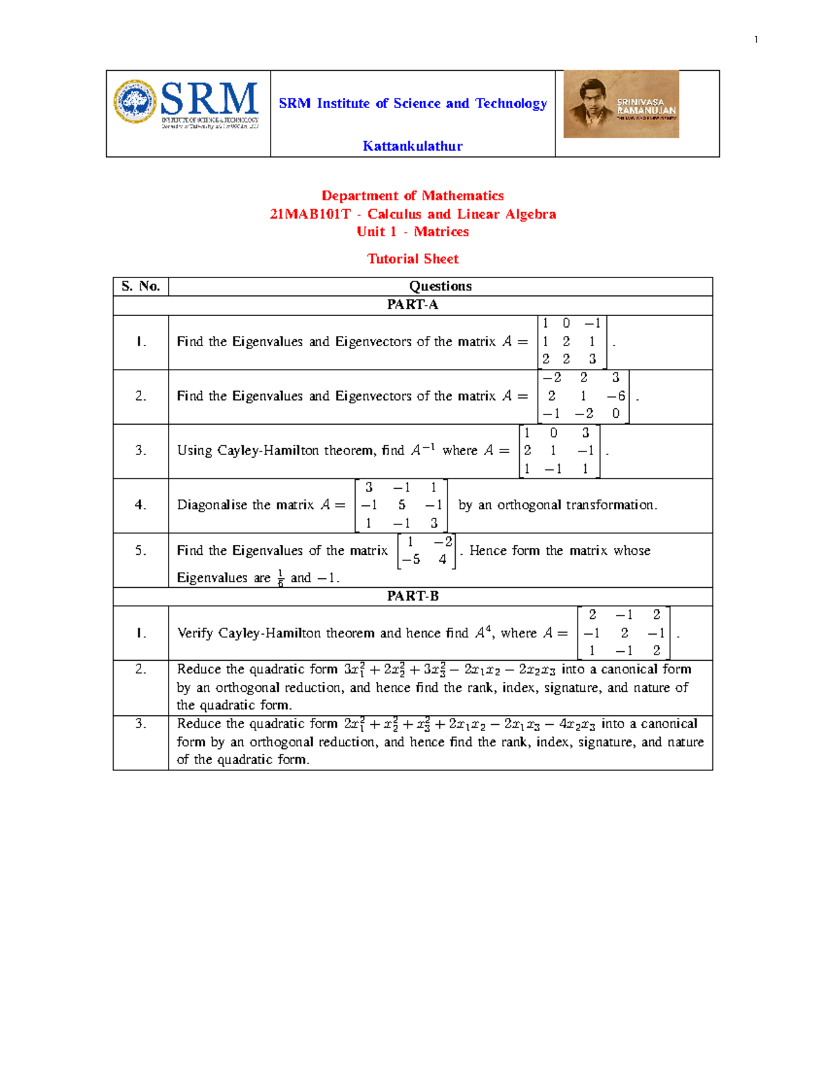 Matrices Tutorial Sheet - No. Questions PART-A Find the Eigenvalues and Eigenvectors of the ...