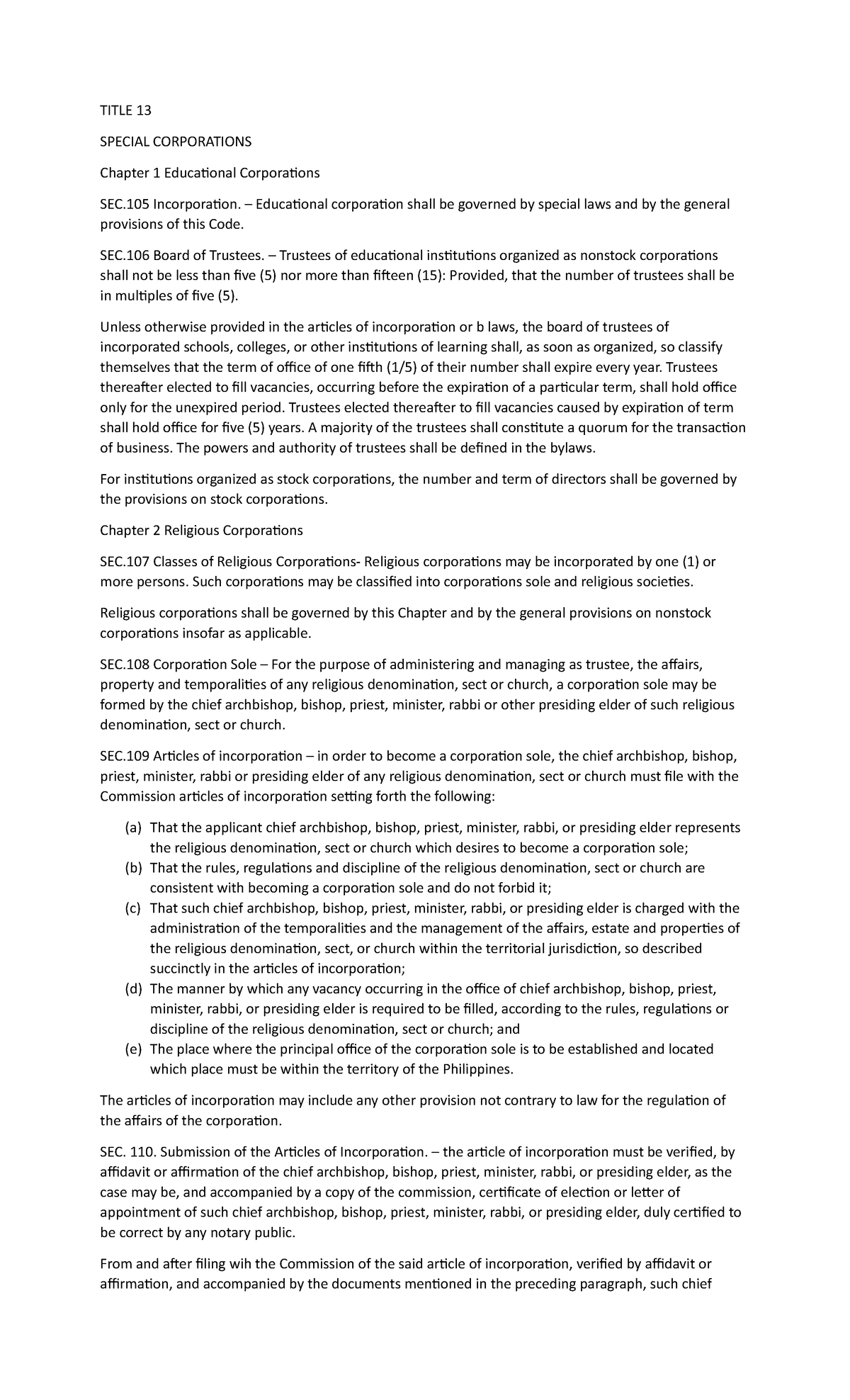 Title 13 report - Article - TITLE 13 SPECIAL CORPORATIONS Chapter 1 ...