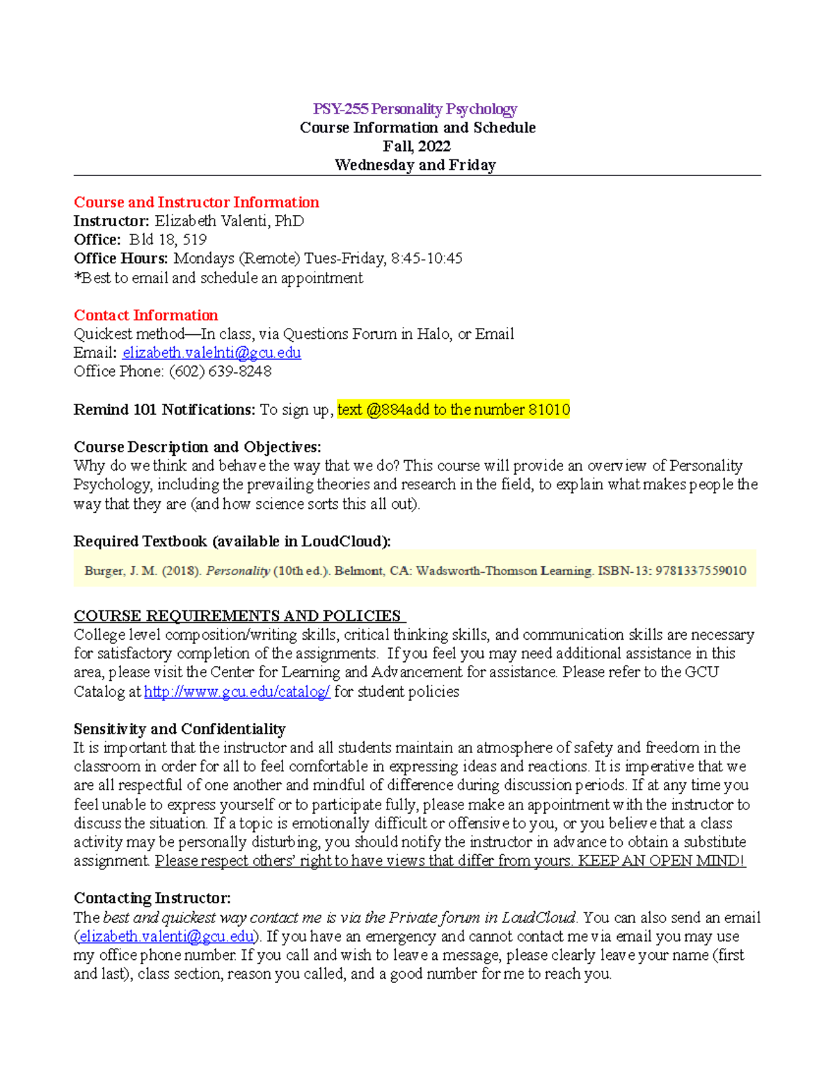 2022 Personality Fall Course Schedule PSY 255 Personality Psychology