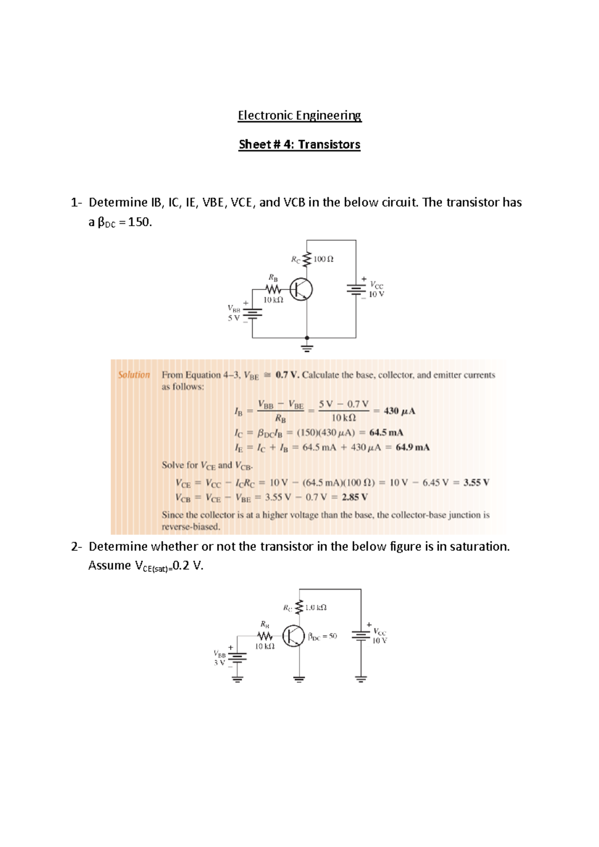 Sheet 04 - Solutions - Electronic Engineering Sheet # 4: Transistors 1- Determine IB, IC, IE ...
