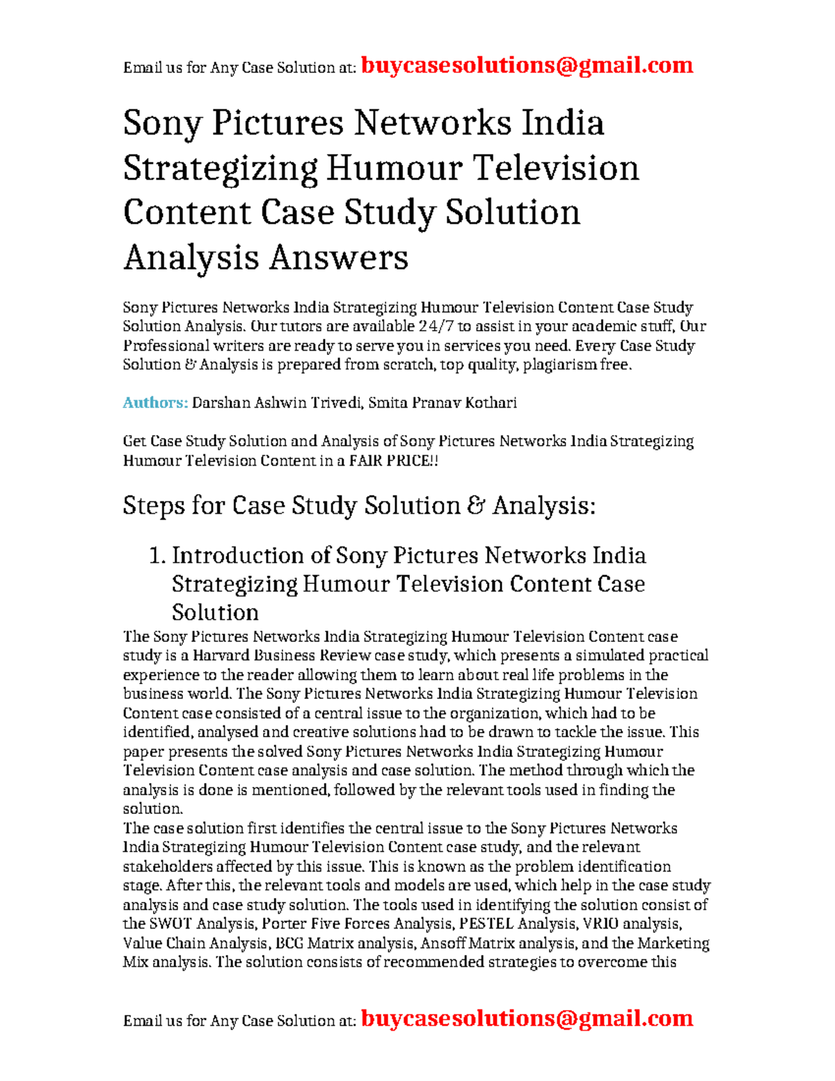 Case Solution Sony Pictures Networks India Strategizing Humour ...