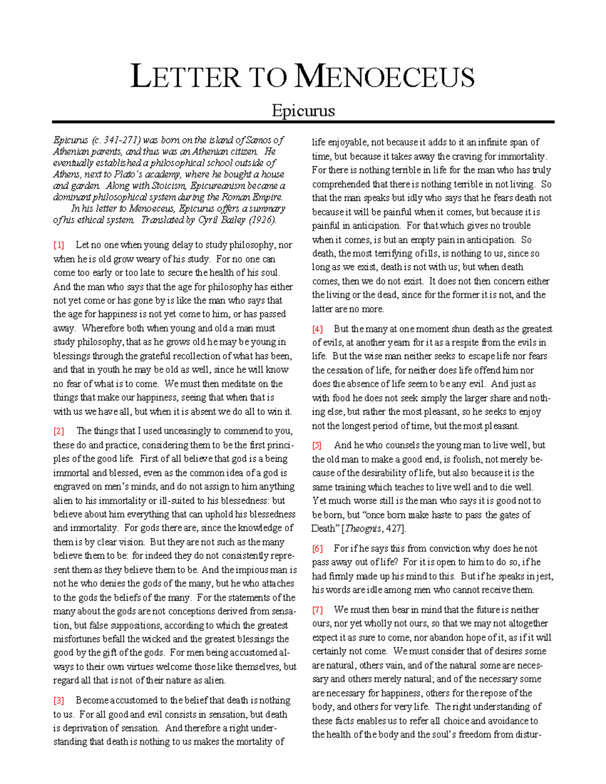 Epicurus, Letter Menoeceus - L ETTER TO M ENOECEUS Epicurus Epicurus (c ...