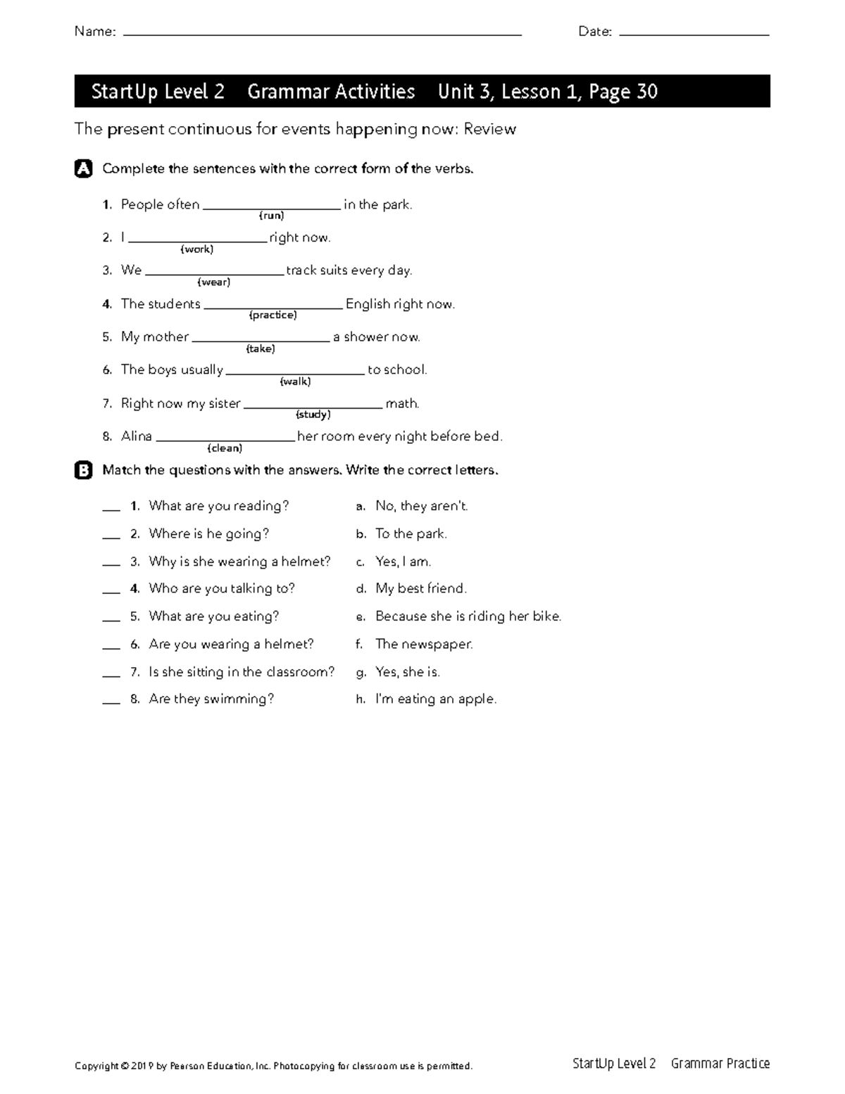 Starup 2 Level 2 Grammar Activities UNIT 3, Lesson 1 PAGE30 - Copyright ...