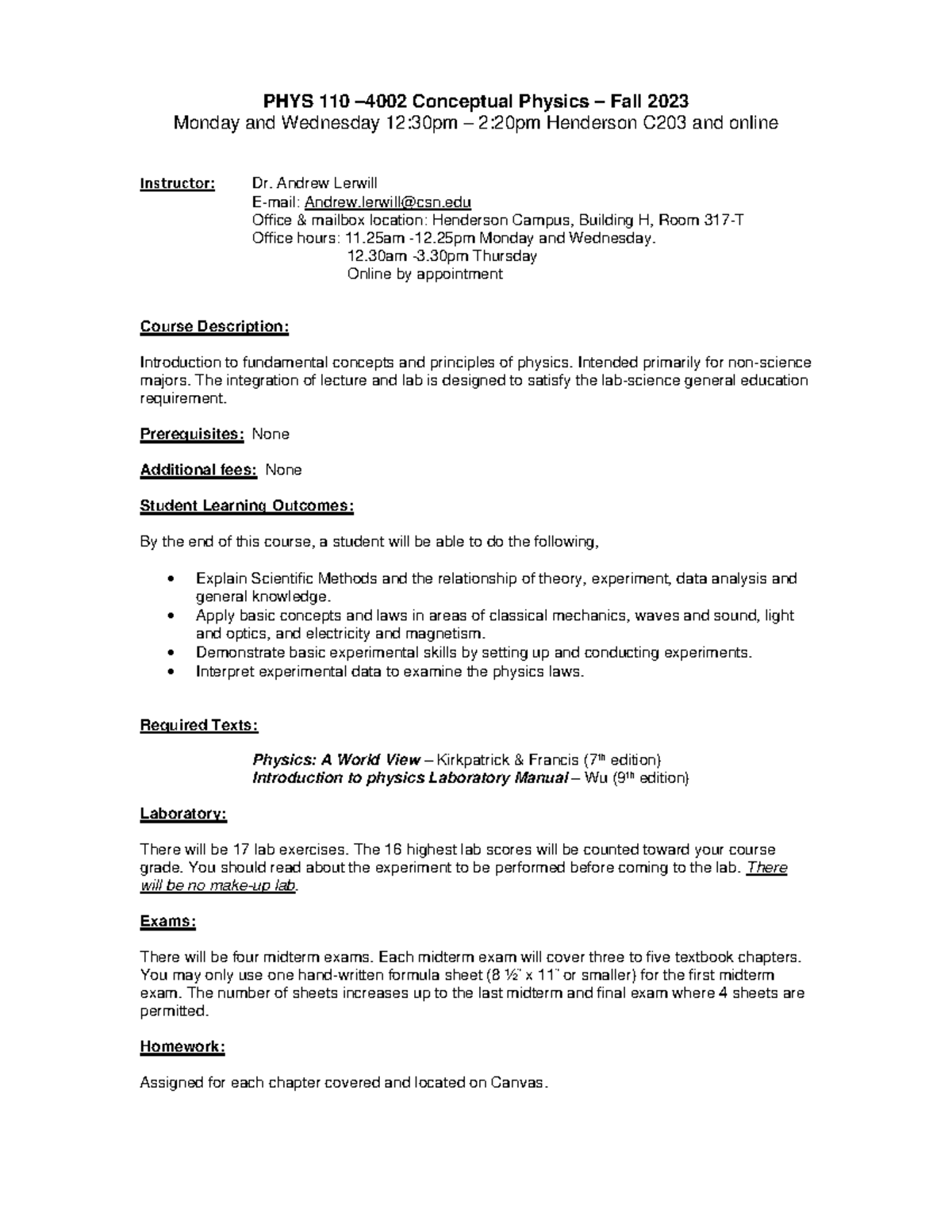 PHYS 110 - 4002 Syllabus -Fall 2023 - PHYS 110 – 4002 Conceptual Physics – Fall 2023 Monday and ...