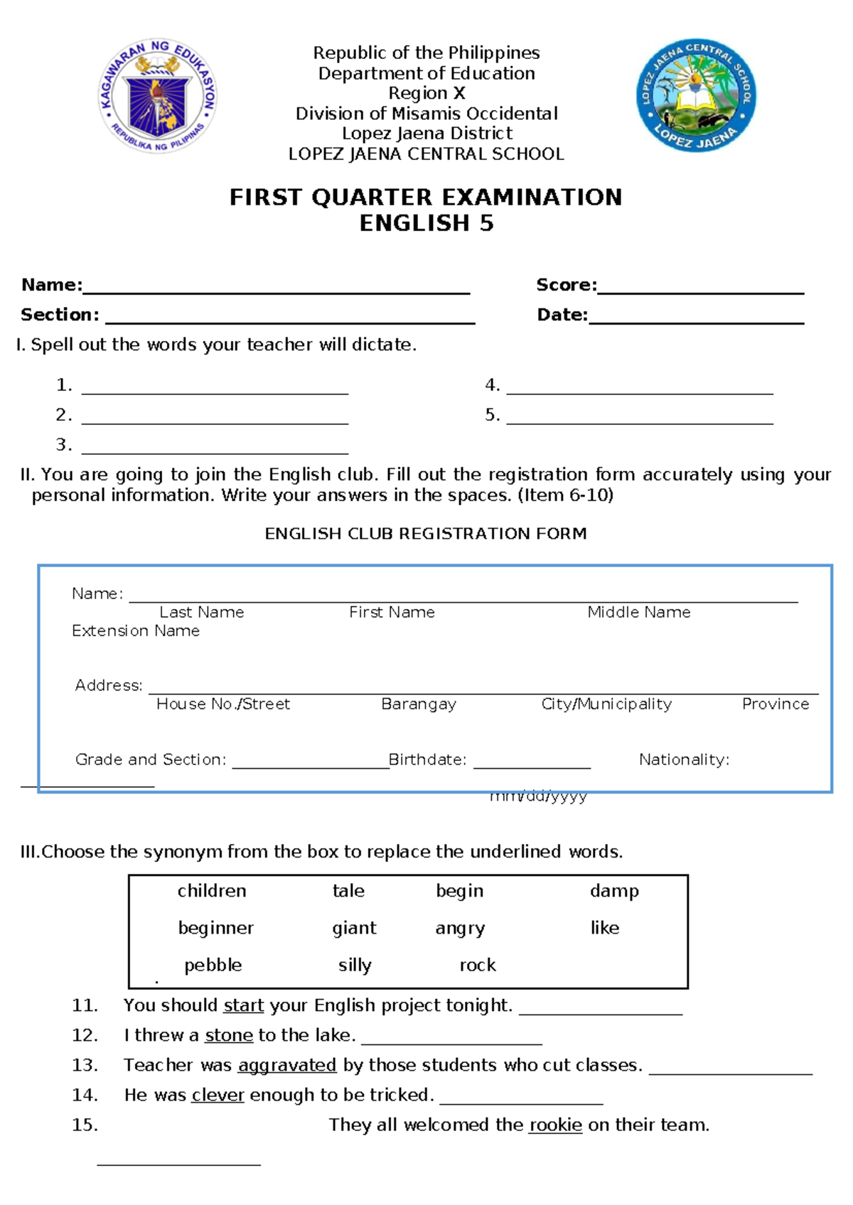 English 5 1st Quarter Exam - Republic of the Philippines Department of ...
