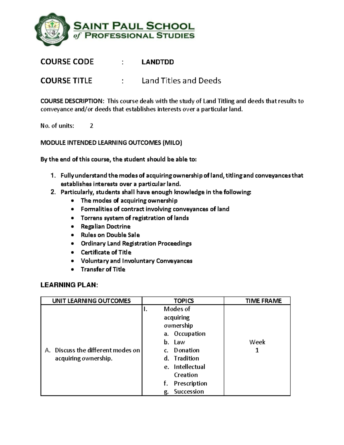 LAND TITLES AND DEEDS - COURSE CODE : LANDTDD COURSE TITLE : Land ...