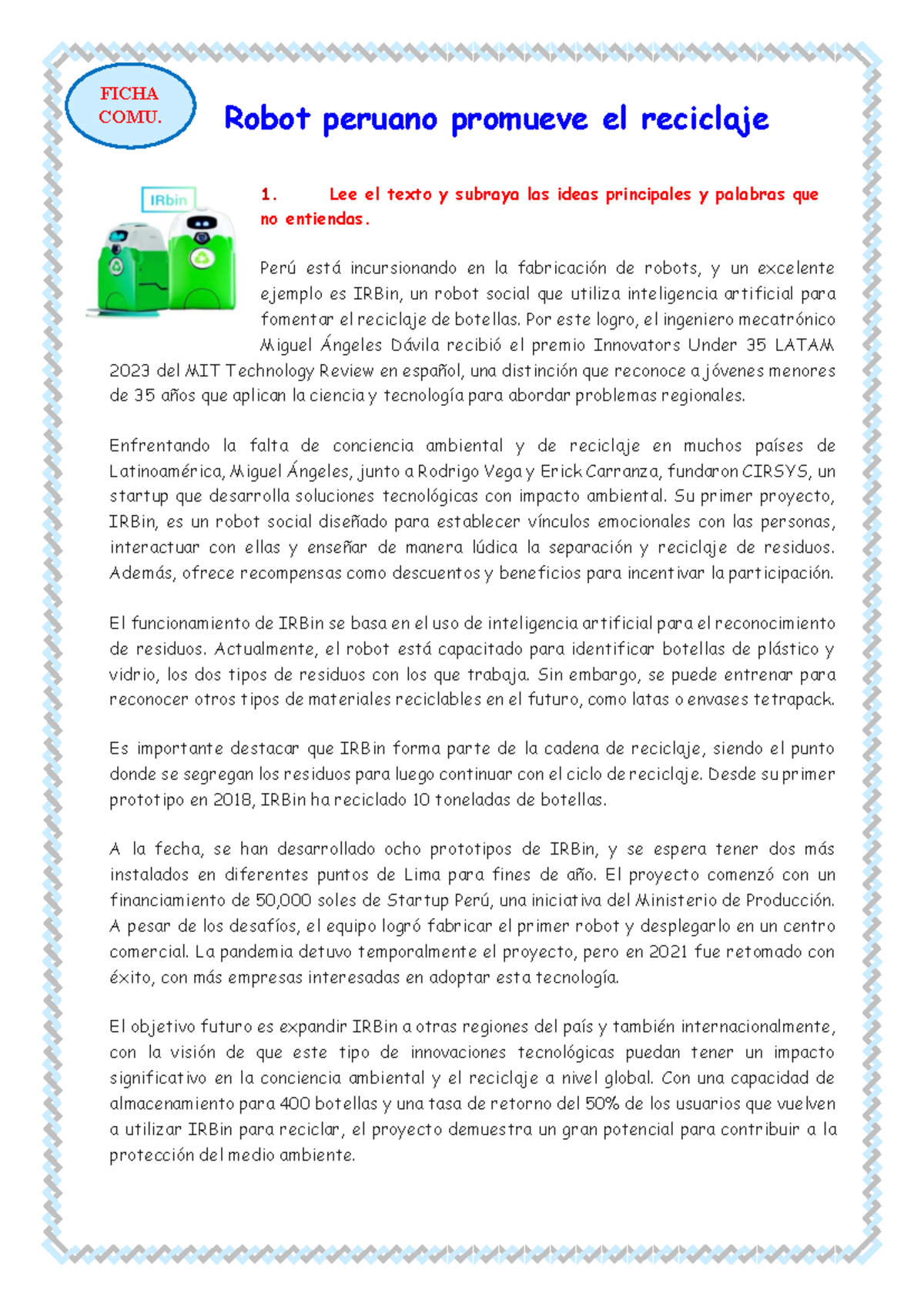 Ficha COMU LUN 10 Robot Reciclaje Turisticos - Robot peruano promueve ...