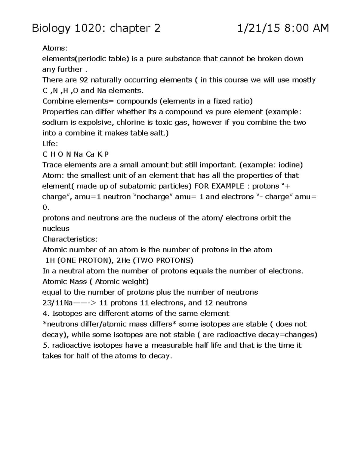 Biology 1020 notes - Biology 1020: chapter 2 1/21/15 8:00 AM Atoms ...