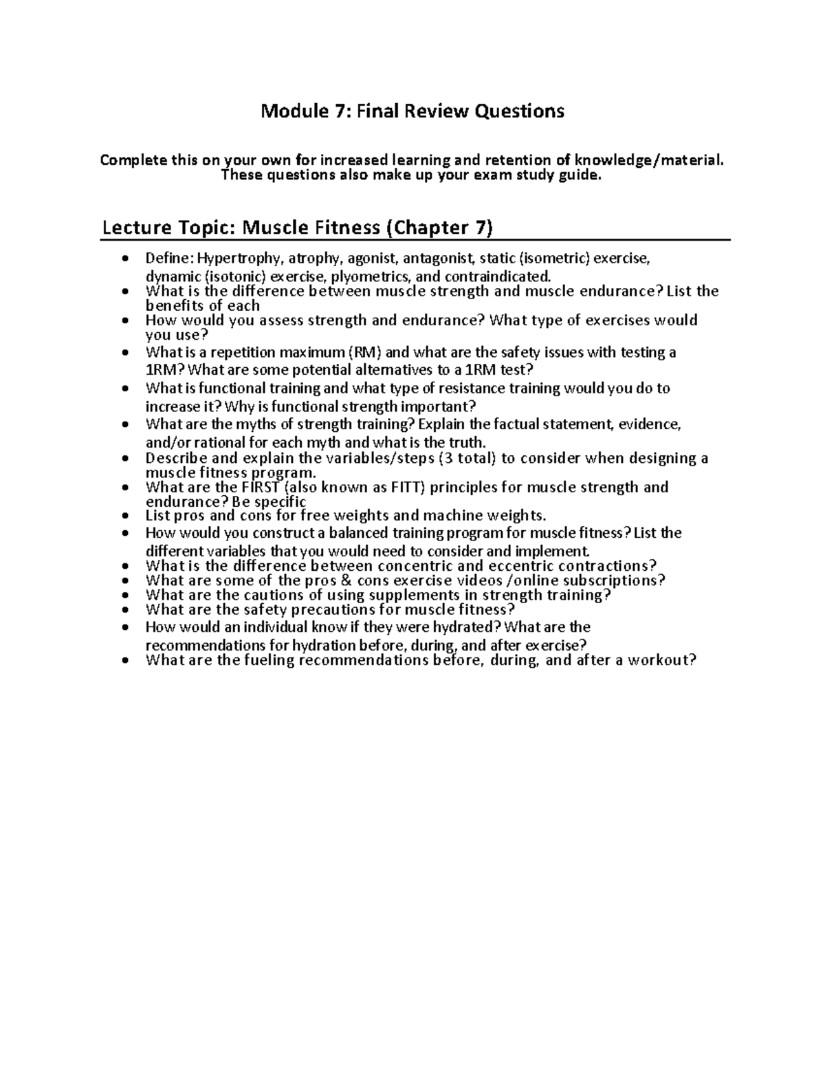 Module 7 Exam Study Guide Muscle Fitness - Module 7: Final Review ...