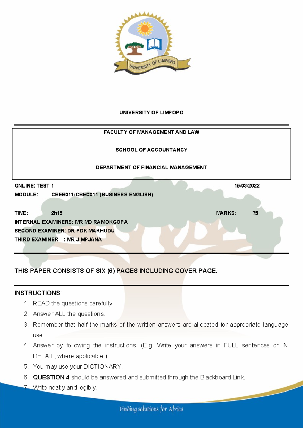 CBEB-CBEC 011 - QP - 2023 TEST 1 - Copy - UNIVERSITY OF LIMPOPO FACULTY ...