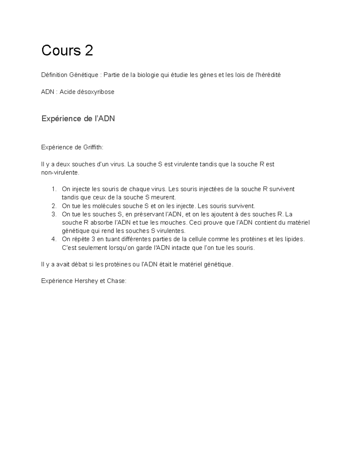 Génétique notes cours 1-4 - Cours 2 Définition Génétique : Partie de la ...