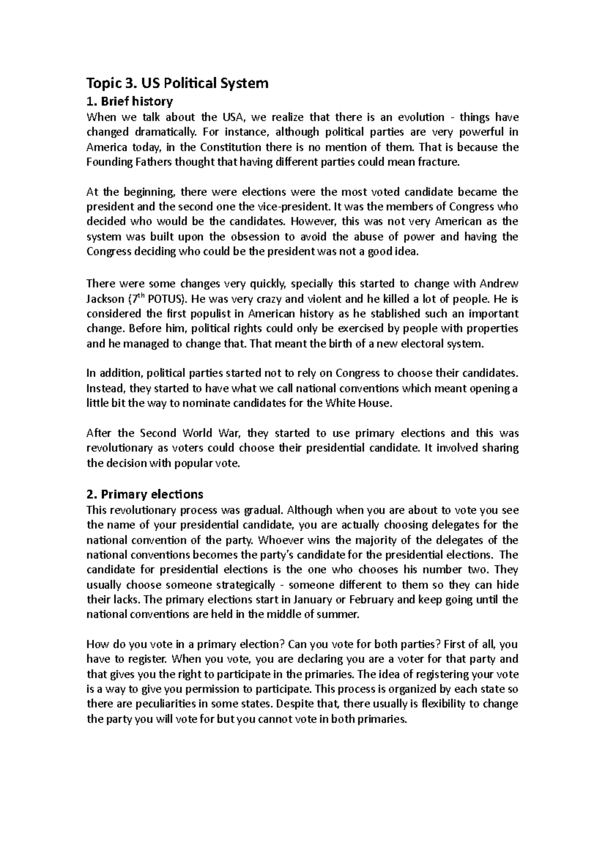 Tema 3 - Apuntes 3 - Topic 3. US Political System 1. Brief history When ...